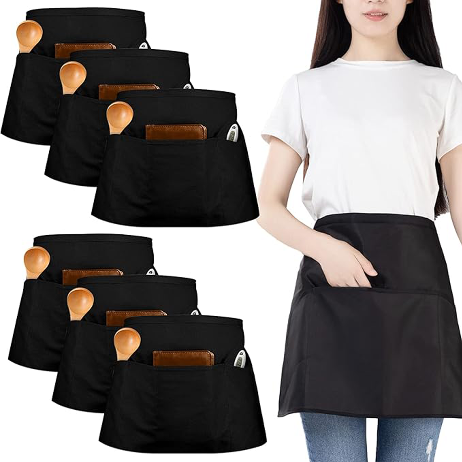 3 Pack Cotton Waist Apron with 3 Pockets Kitchen Restaurant Bistro ...
