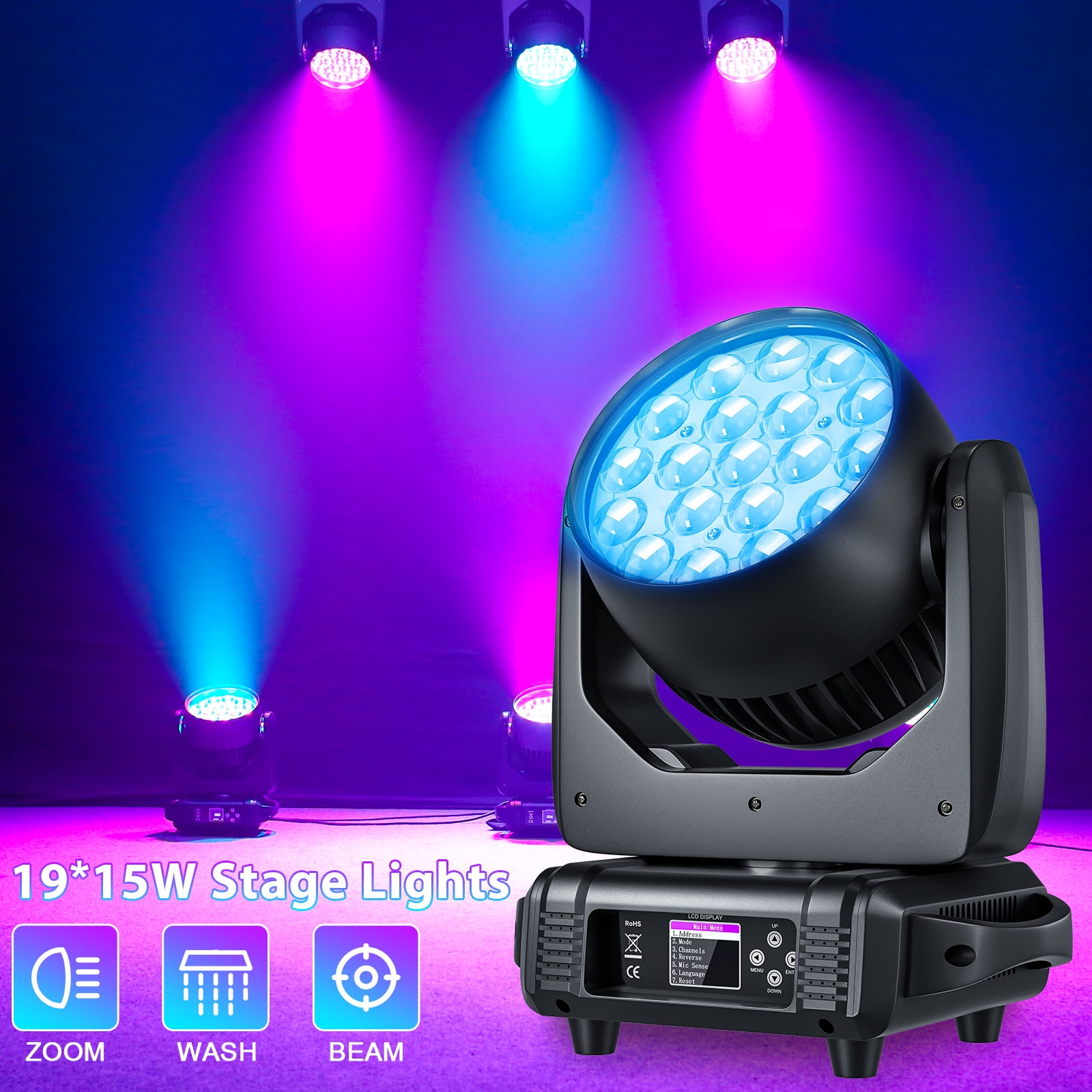 LED 19x15w RGBW 4 in 1 8500K Moving Head Wash Beam Light,Sound ...