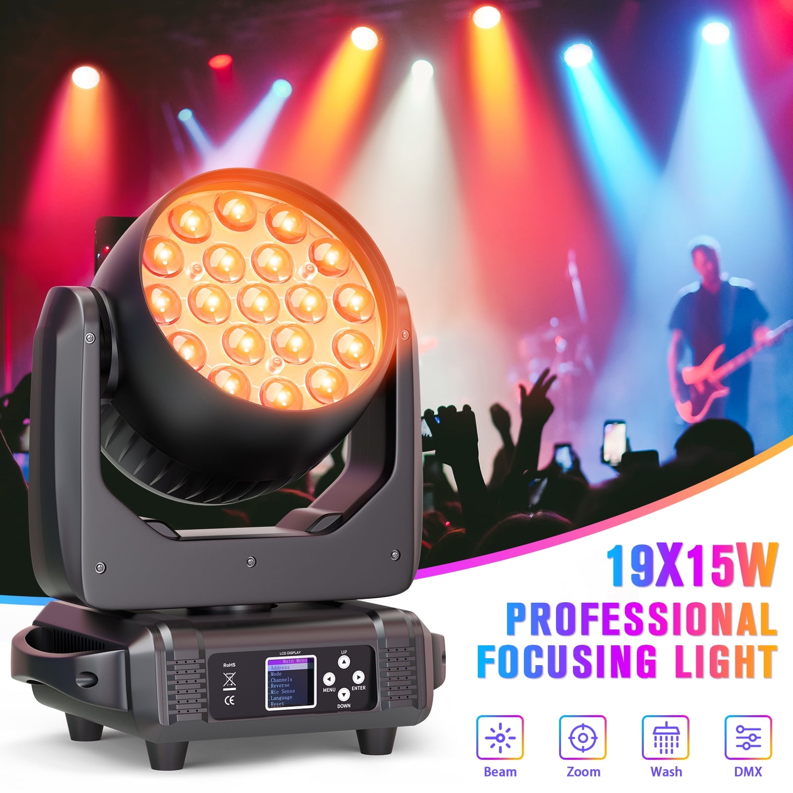 LED 19x15w RGBW 4 in 1 8500K Moving Head Wash Beam Light,Sound ...