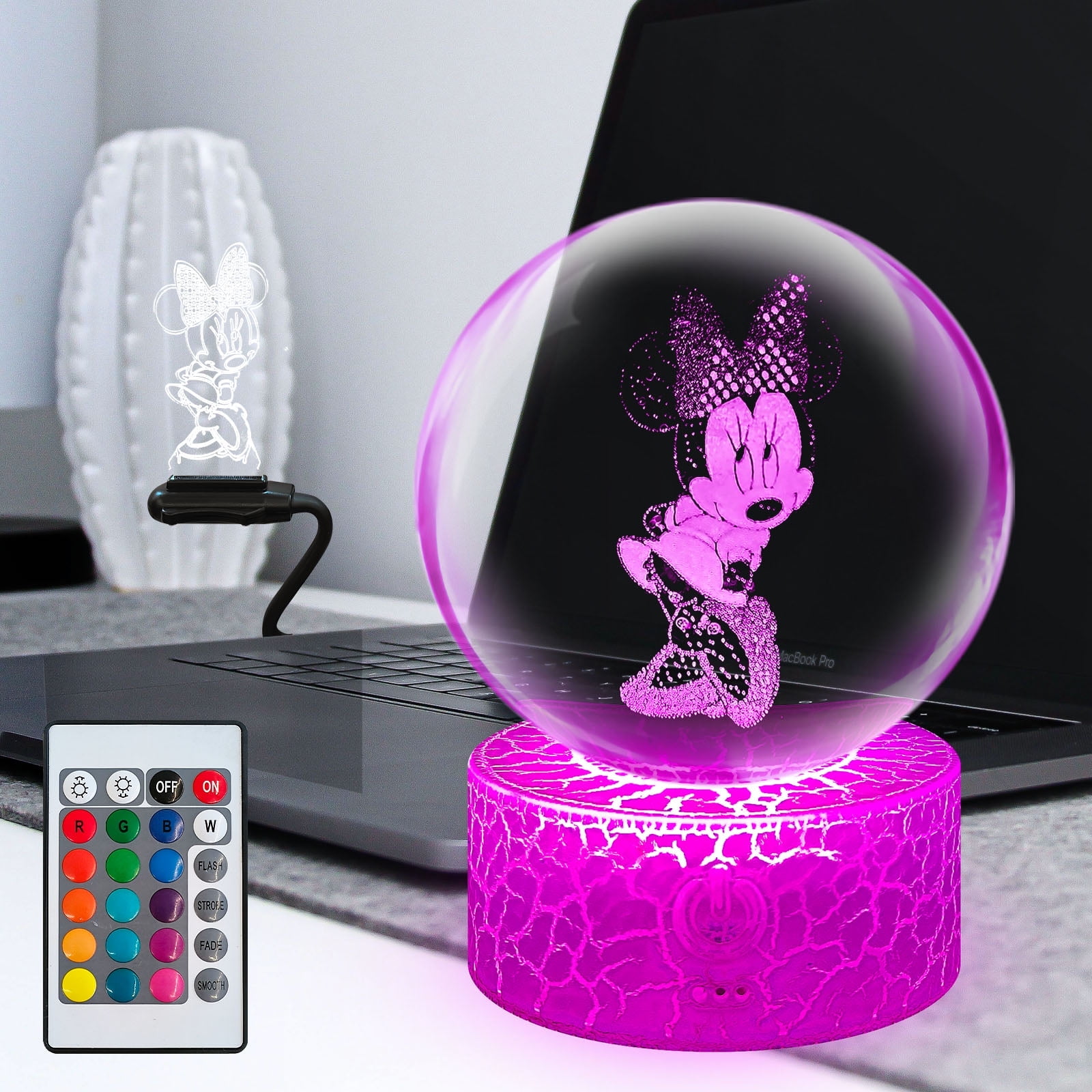 LED 3D Crystal Ball 3.2 inch Mouse Night Light with Glow Stand 16 Color Change 4 Mode USB Charge ...