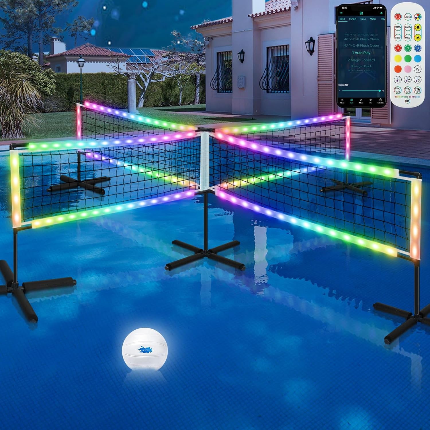 LED 4-Way Pool Volleyball Net, Light-Up Four Square Volleyball Pool ...