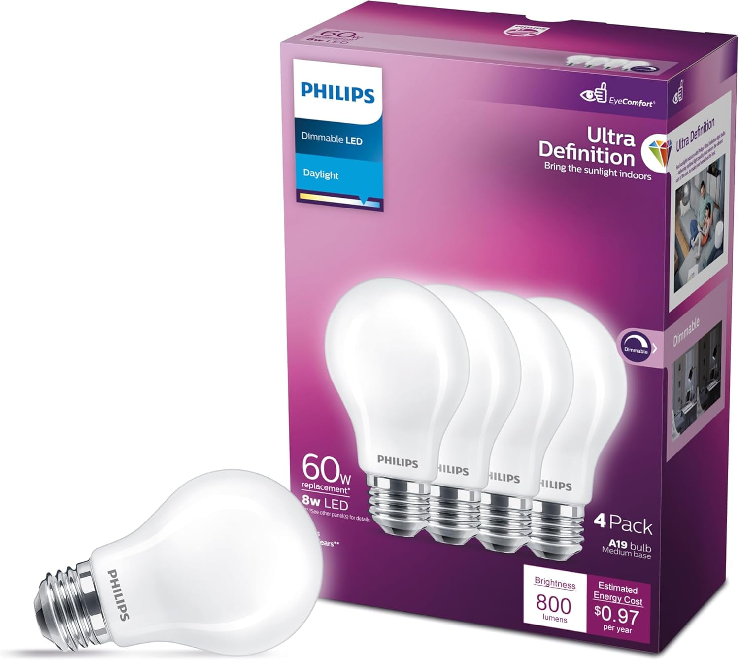 LED 60W A19 4-Pack Ultra Definition Daylight (5000K) 800 Lumen (8W ...