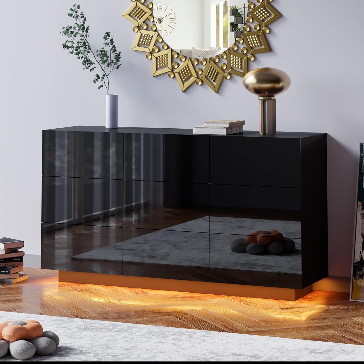 LED 9 Drawer Dresser, Black Modern Dresser with High Gloss Drawers Dual ...
