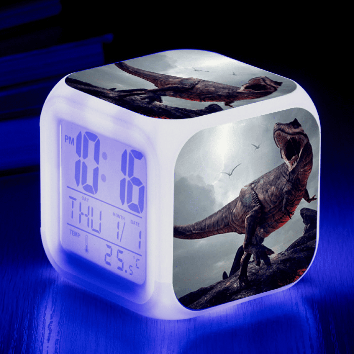 3＂LED Alarm Clock Dinosaur Pattern Desk Table Glowing Electronic ...