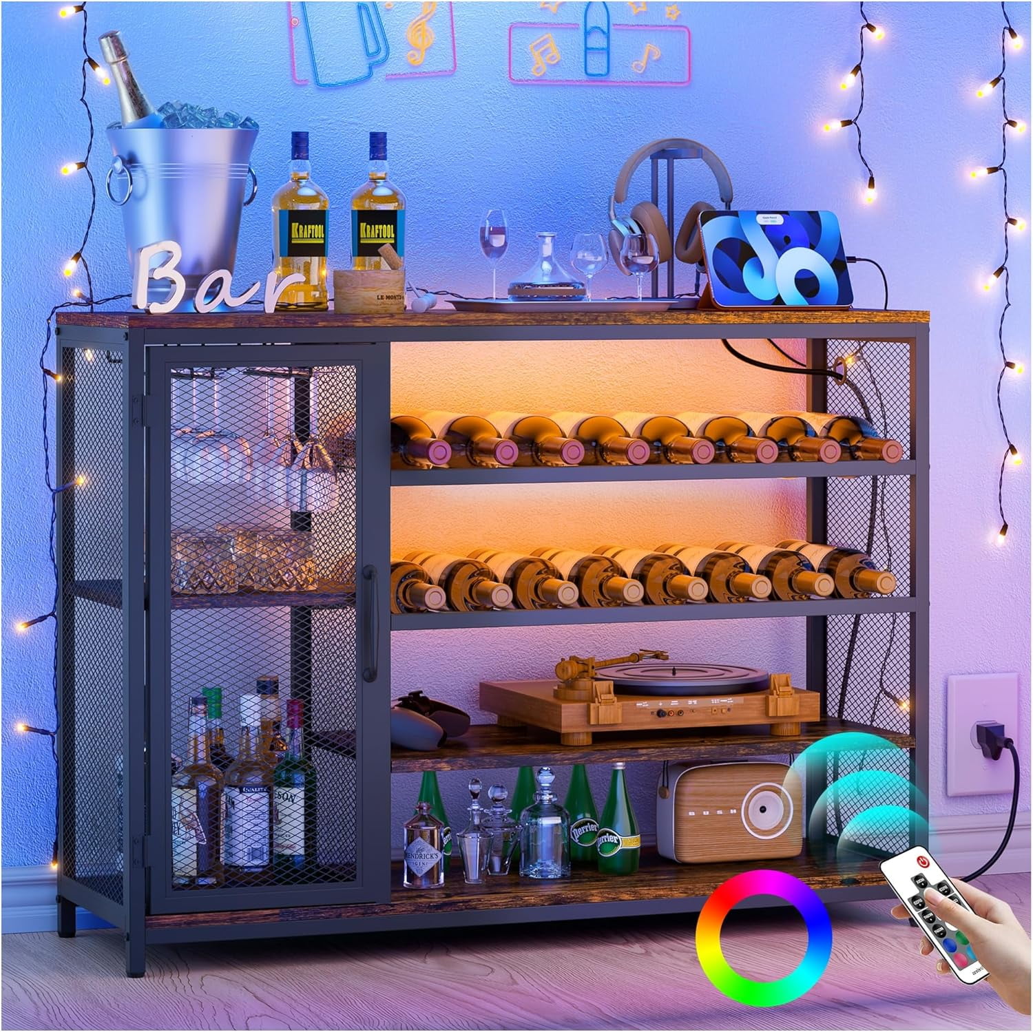 LED Bar Cabinet for Home, Dimmable Wine Bar Cabinet with LED Lights and ...