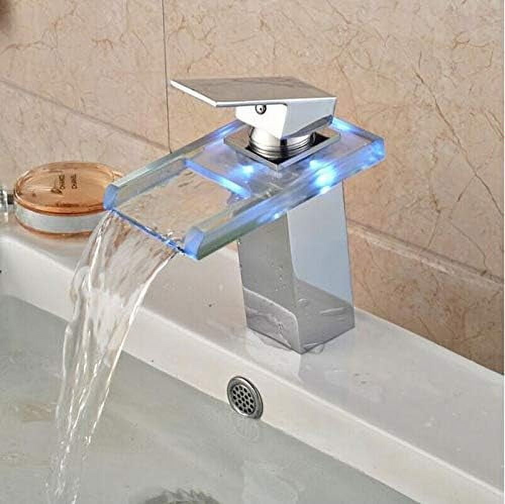 LED Basin Sink Faucet Brass Bathroom Sink Mixer Glass Waterfall Spout ...