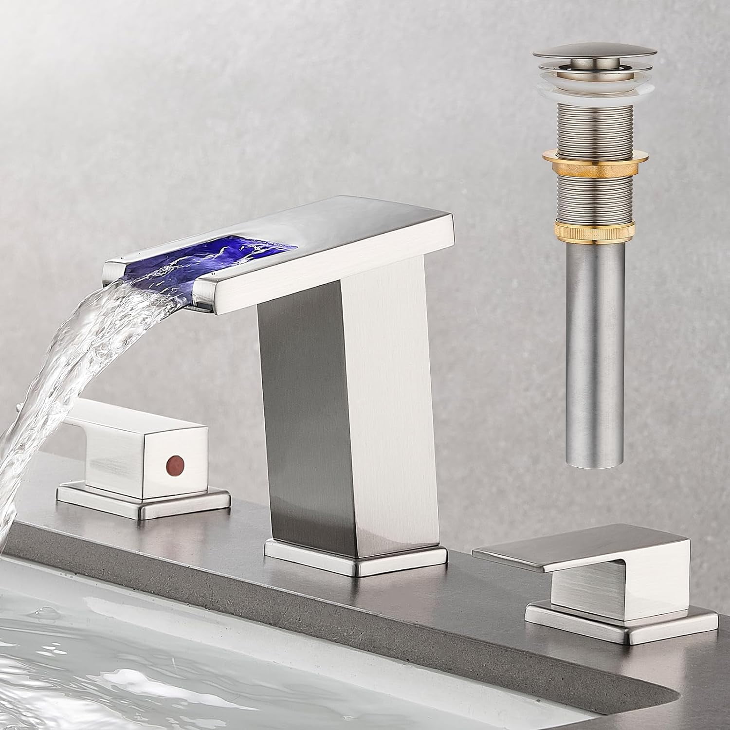 LED Bathroom Faucet 3 Hole, Brushed Nickel Waterfall Bathroom Faucets ...