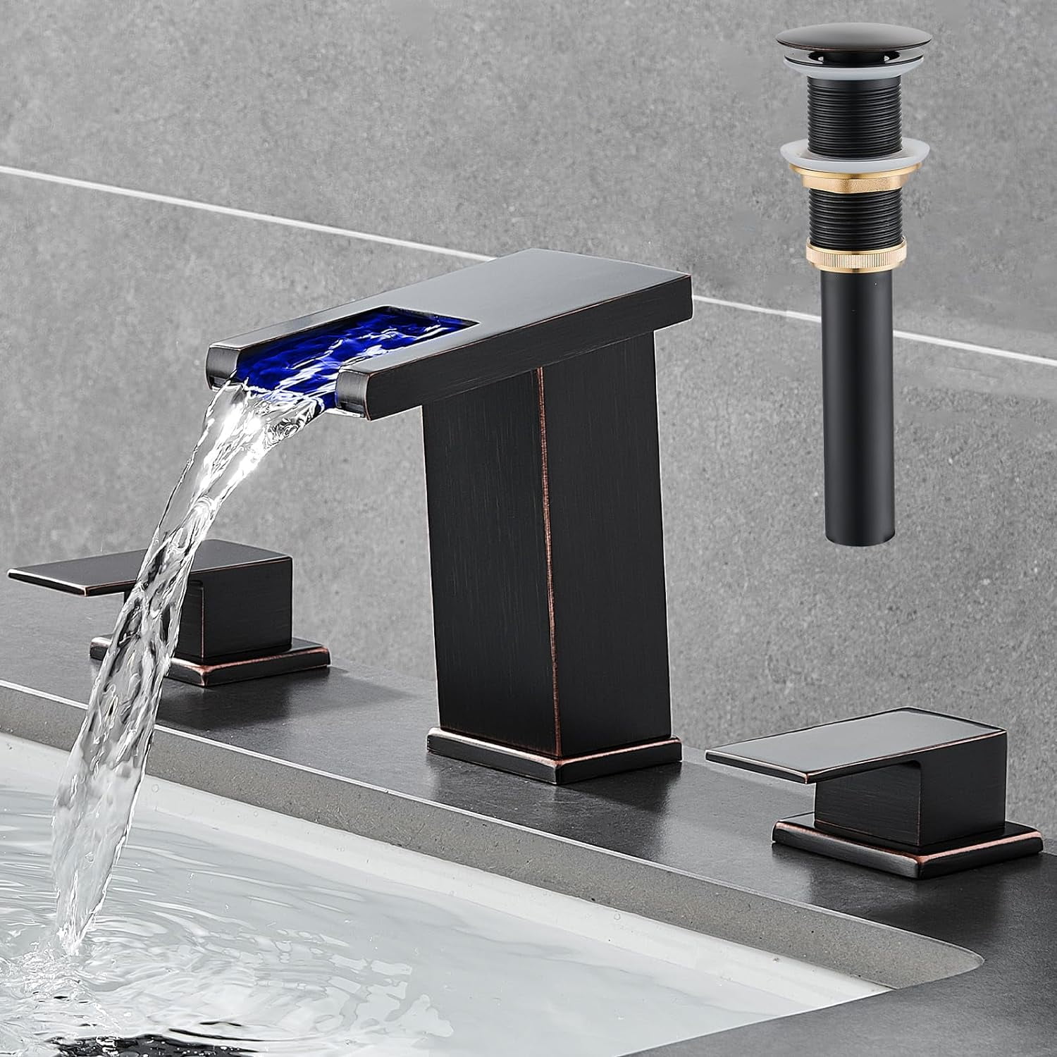 LED Bathroom Faucet 3 Hole, Oil Rubbed Bronze Waterfall Bathroom ...
