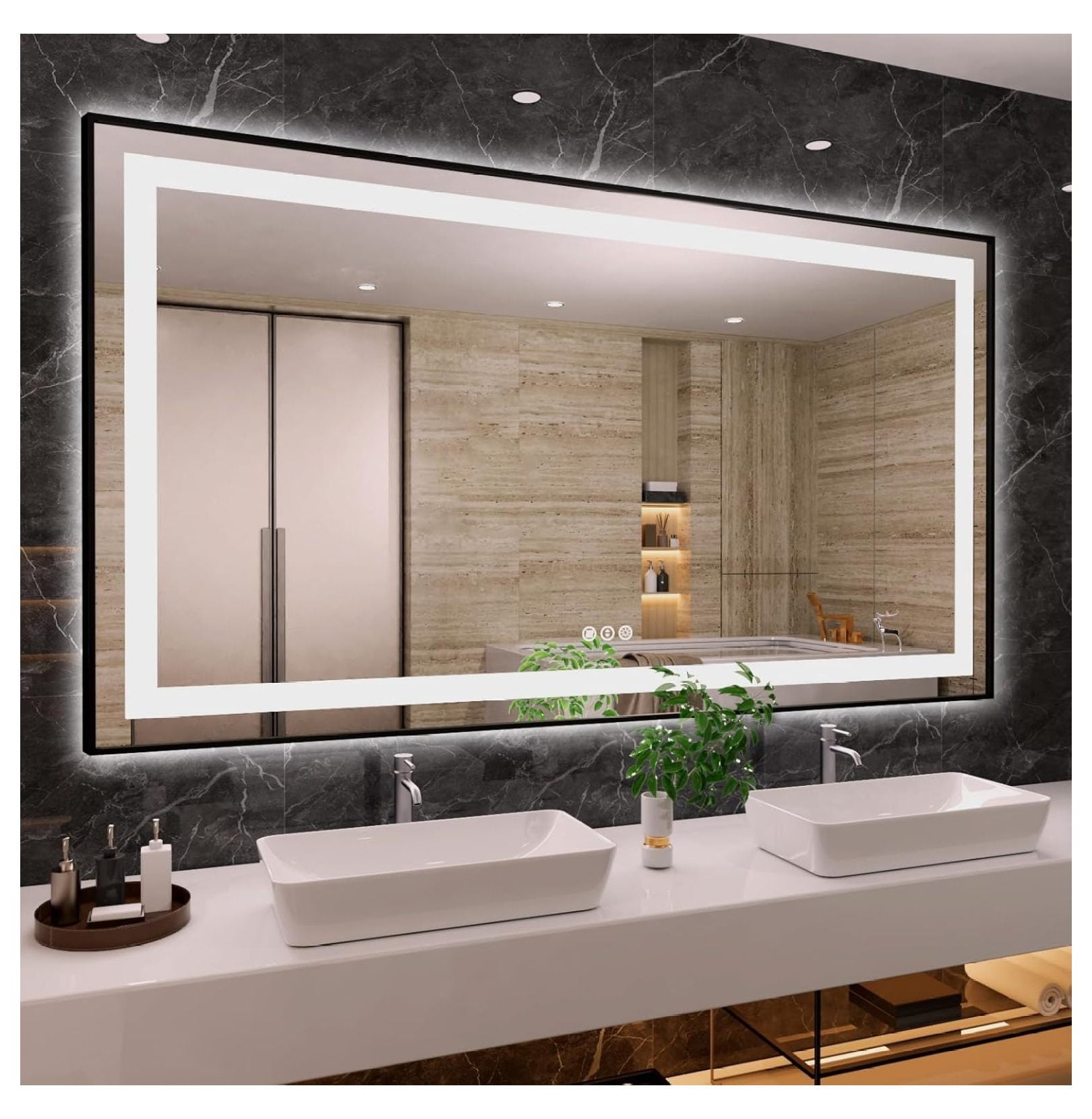 LED Bathroom Mirror with Black Frame 72"X40", Stepless Dimmable, Anti ...