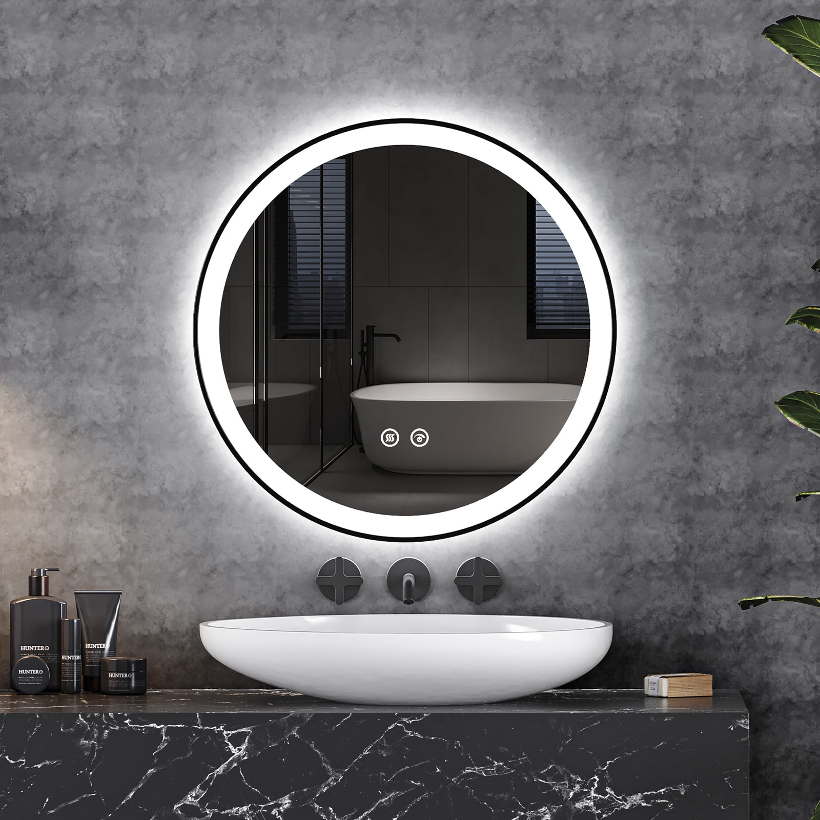 LED Bathroom Mirror with Front and Backlight, 24"x24" Round Black ...
