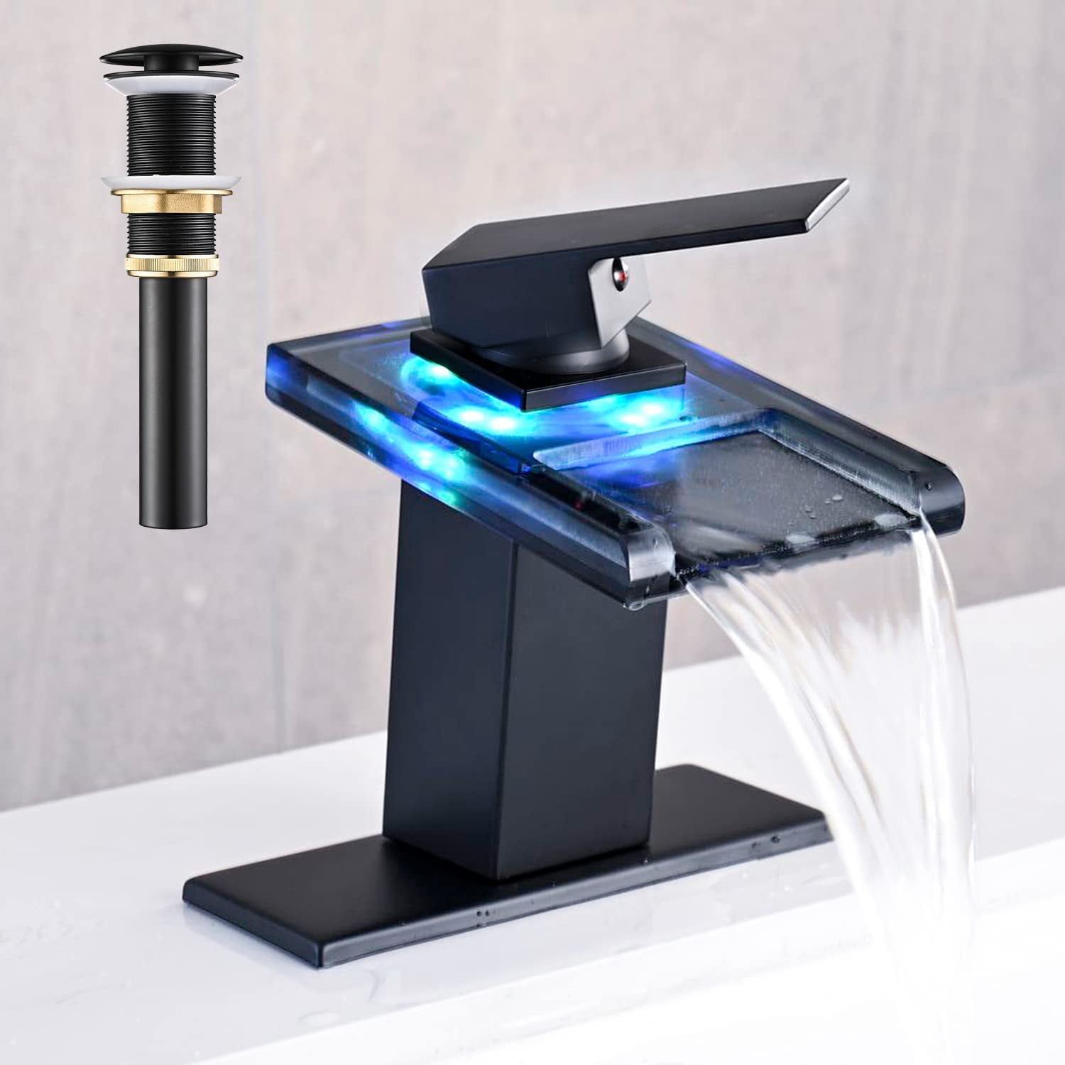 LED Bathroom Sink Faucet, Matte Black Waterfall Single Hole Handle ...