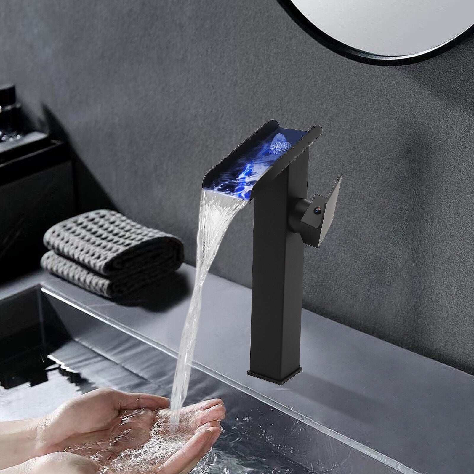 LED Bathroom Sink Faucet Waterfall Vessel Vanity Lever Single Handle ...