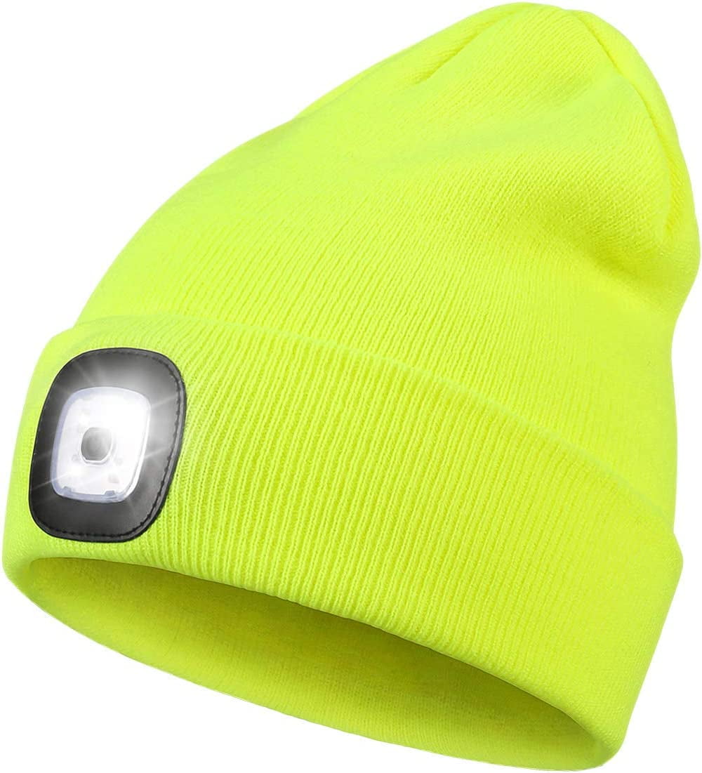 LED Beanie Hat with Headlamp, Unisex 4 LED USB Rechargeable Knitted Cap ...