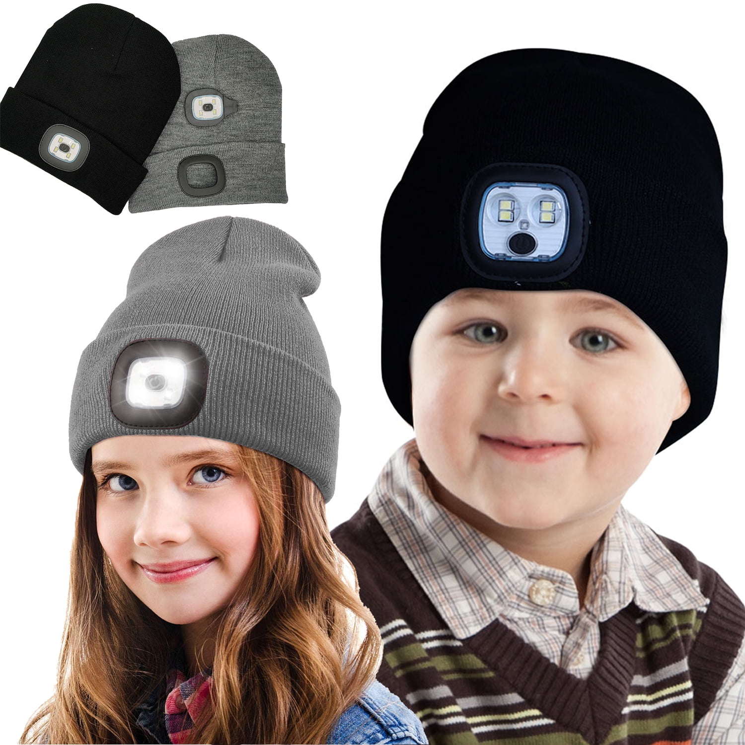 LED Beanie Hat with Light for Kids USB Rechargeable Headlamp Hat Winter ...