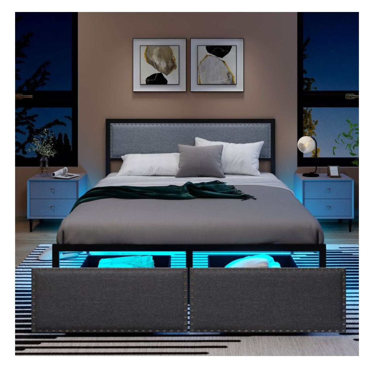 LED Bed Frame Full/Queen/Twin Size with Drawer & Metal Slats, Gray ...