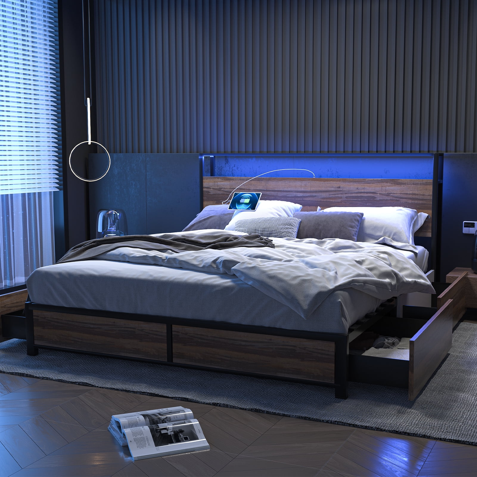 LED Bed Frame Full Size with 2 USB Ports and Outlets, Platform Metal ...