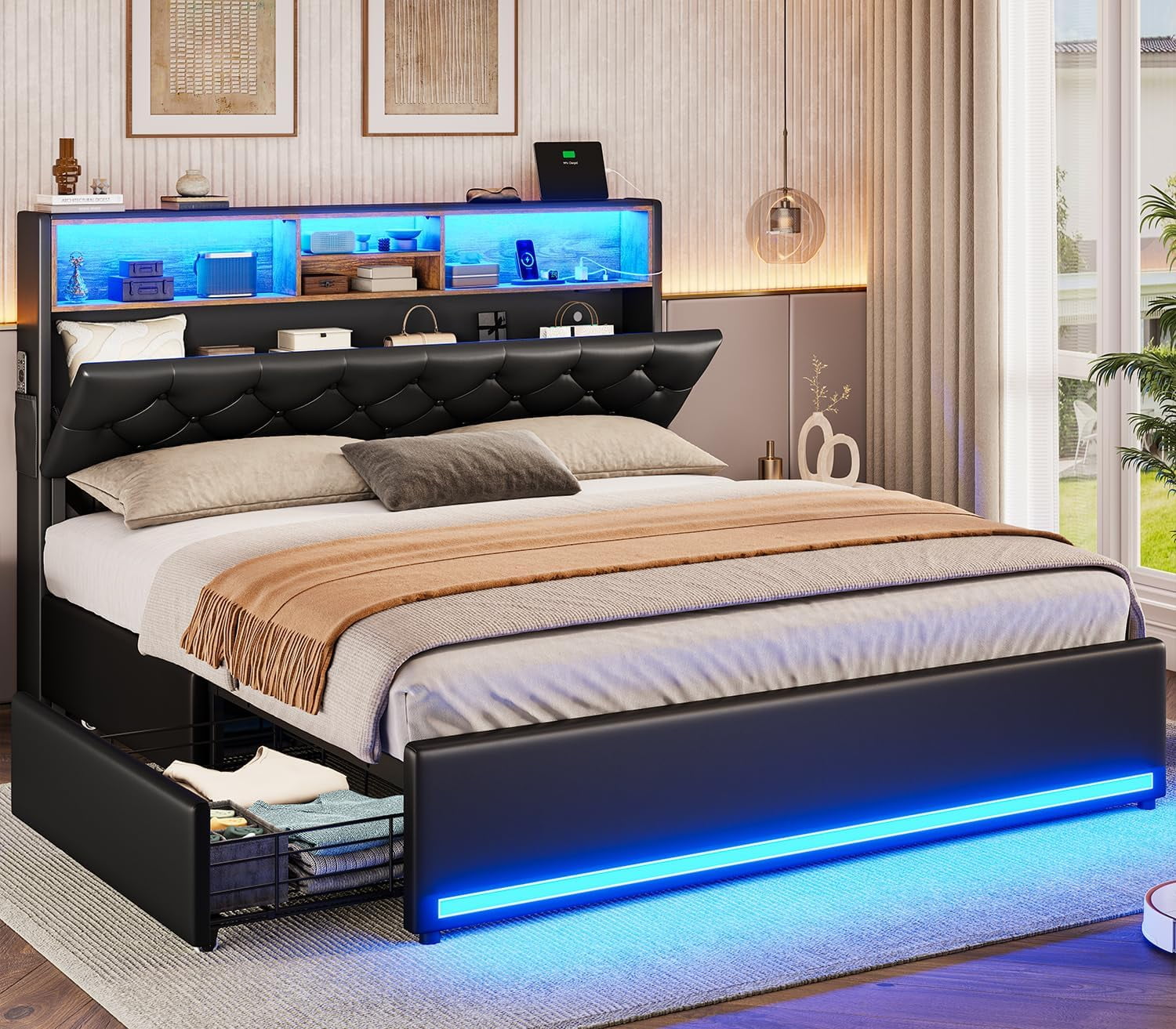 LED Bed Frame Full Size with Charging Station & 4 Drawers, Full Size ...