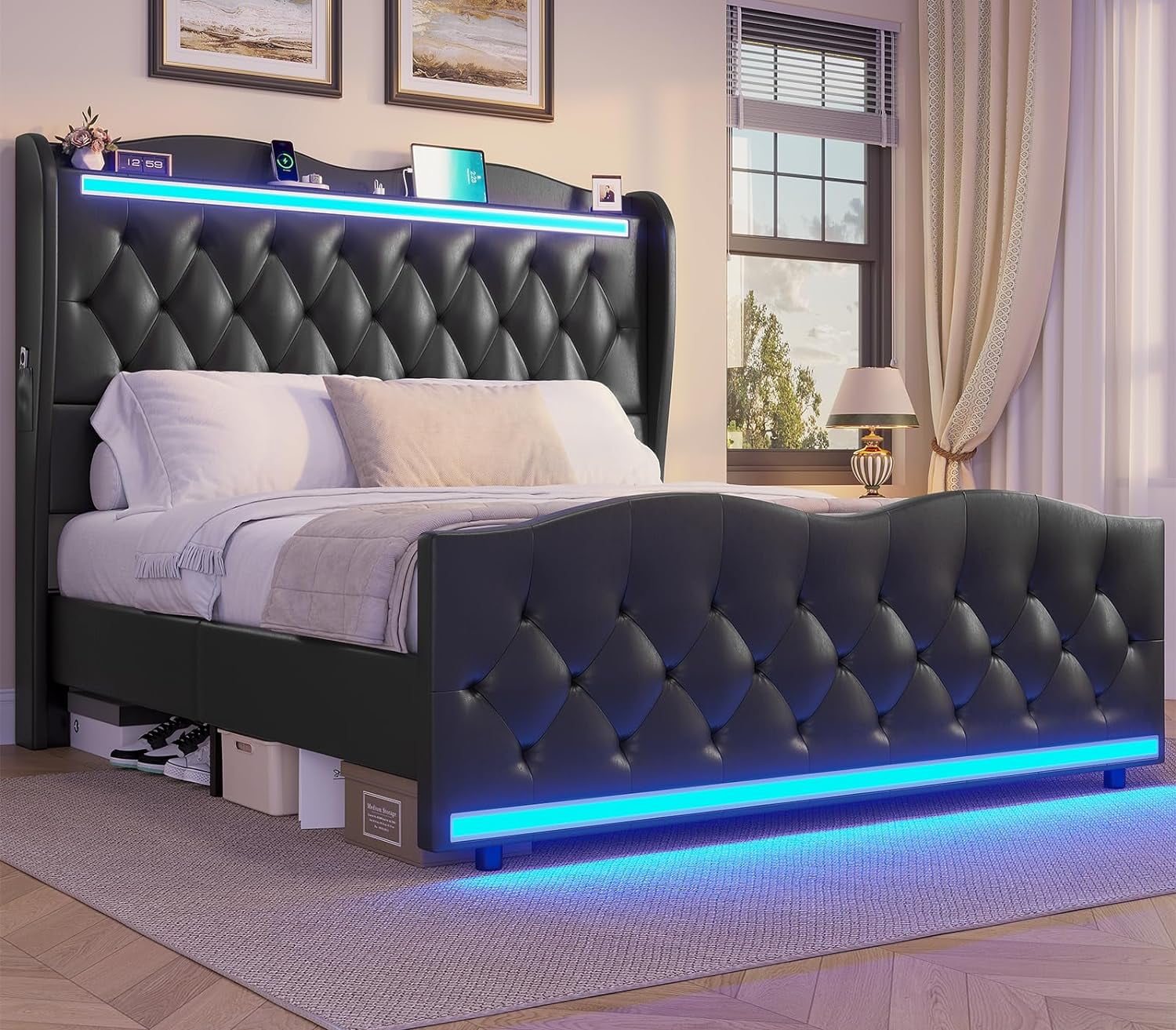 LED Bed Frame Full Size with Wingback Storage Headboard Footboard,PU ...
