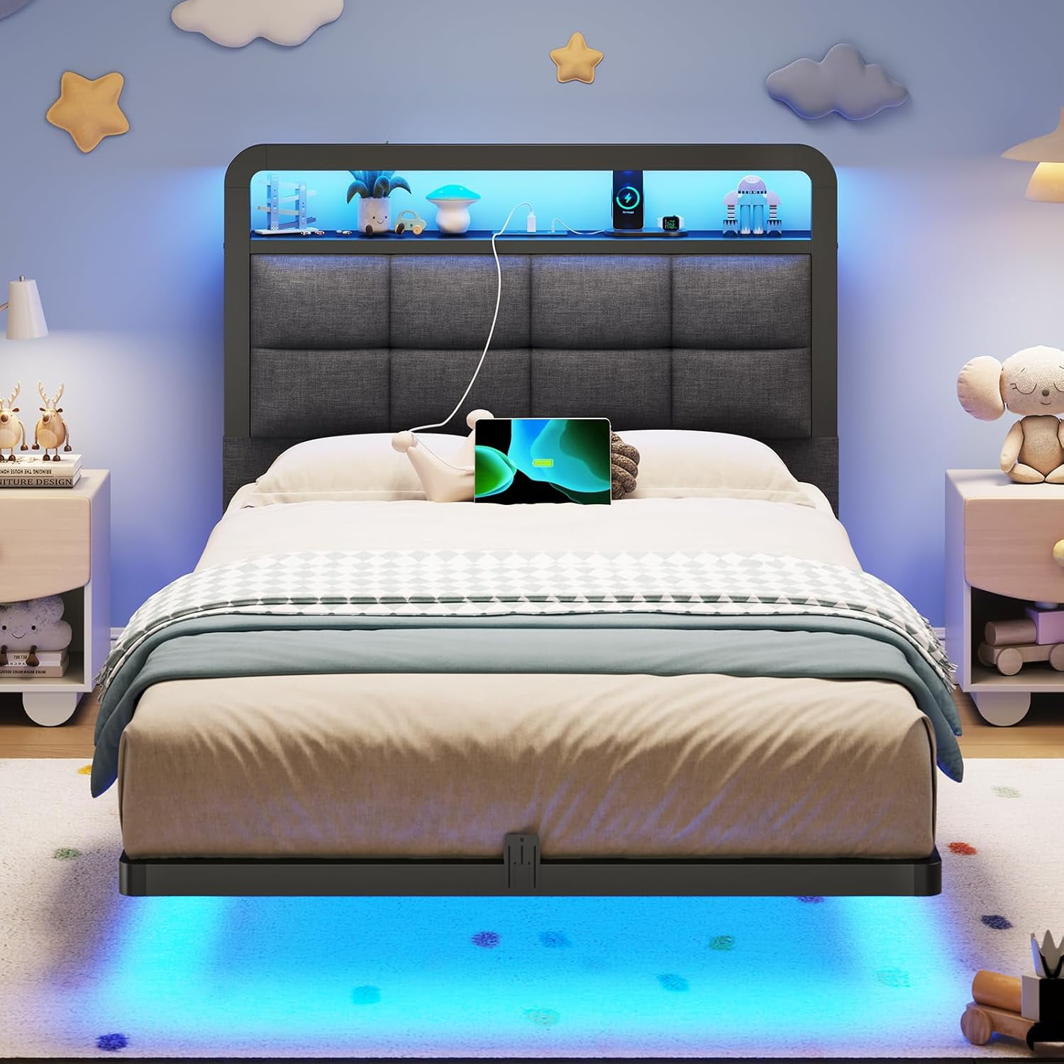 Queen Size LED Bed Frame with USB Ports, Faux Leather Headboard, No Box ...