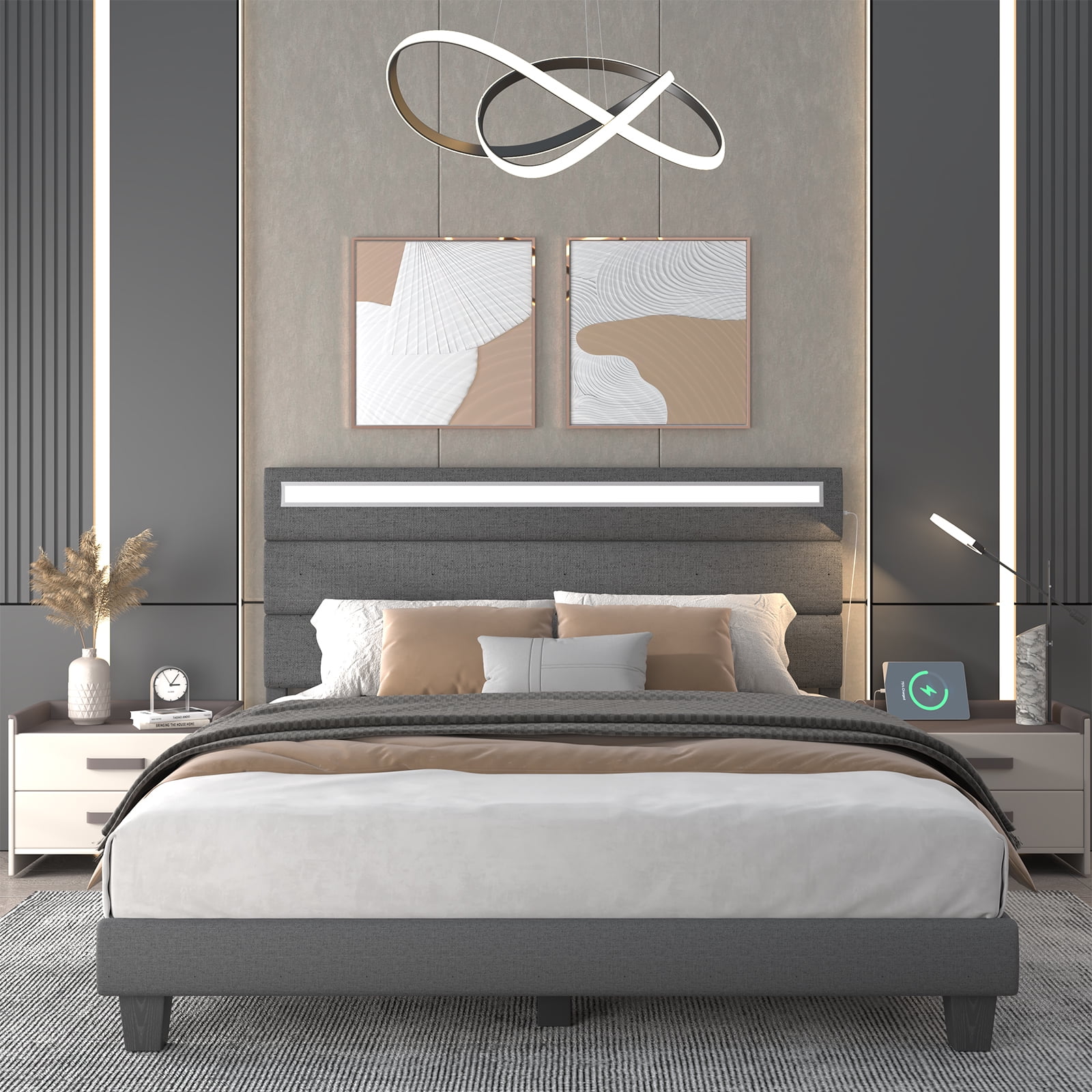 Kallabe Full Size LED Bed Frame with Upholstered Headboard, Charging ...