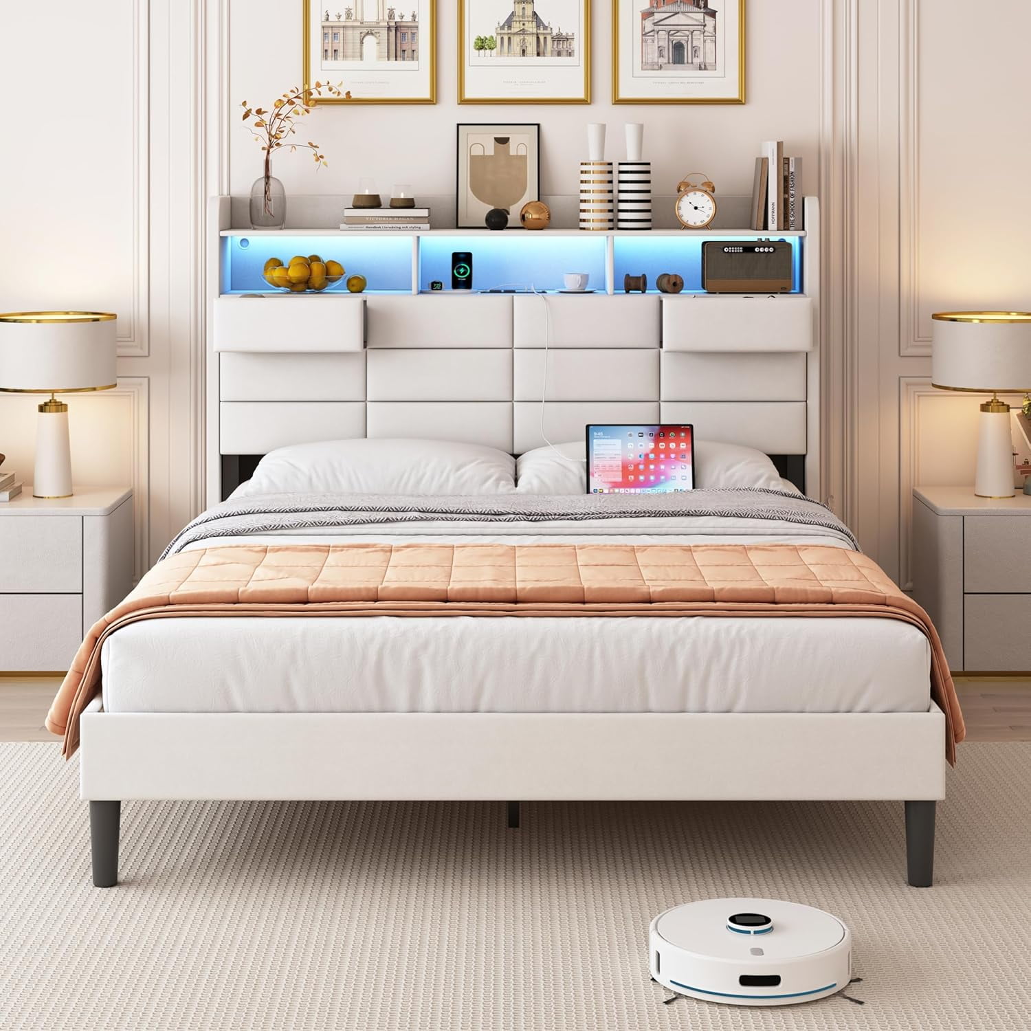 LED Bed Frame Queen Size with Storage Headboard, 2 Hidden Drawers and ...