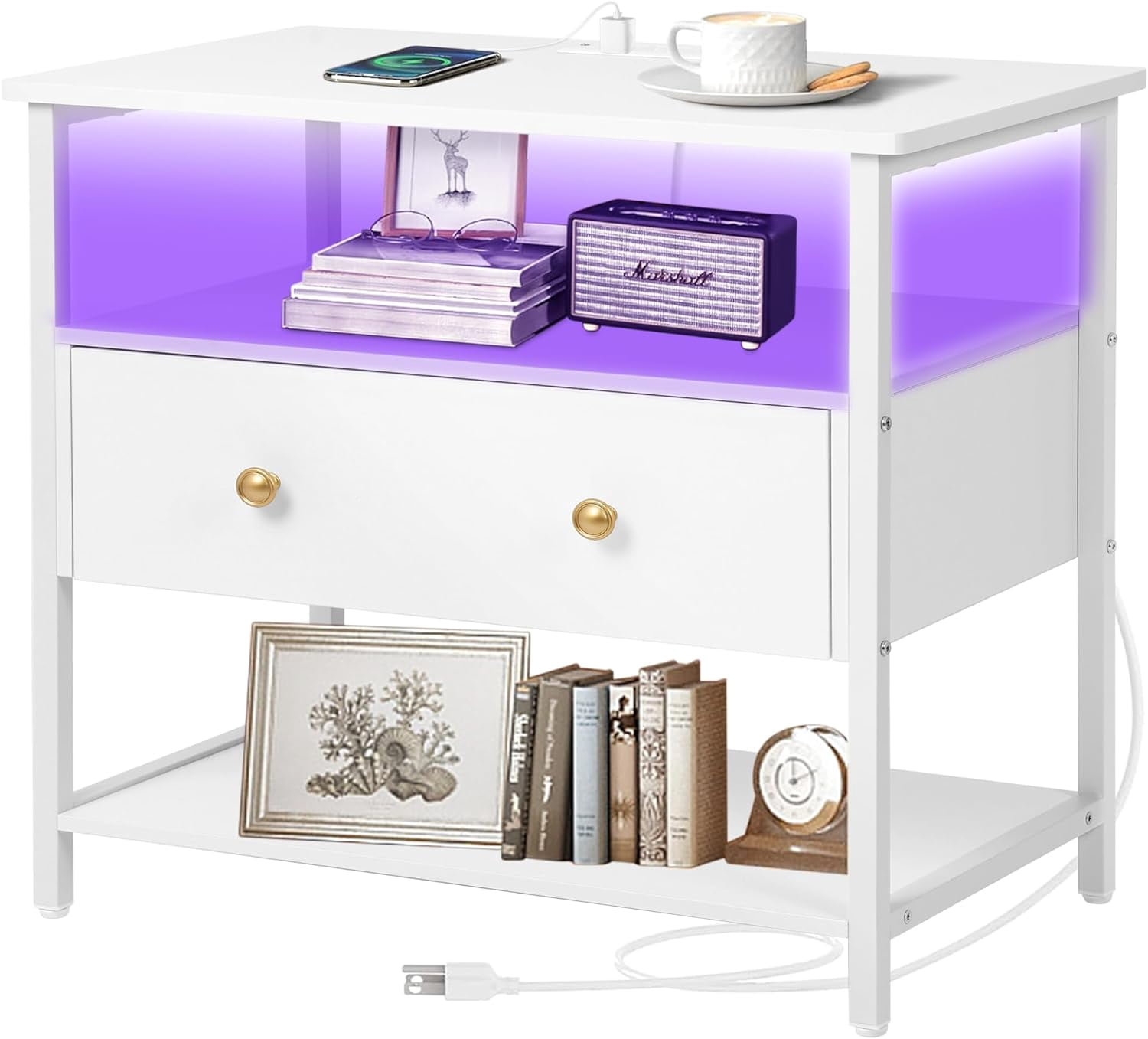 LED Bedside Table with Wooden Drawer for Bedroom,27 inch Wide ...