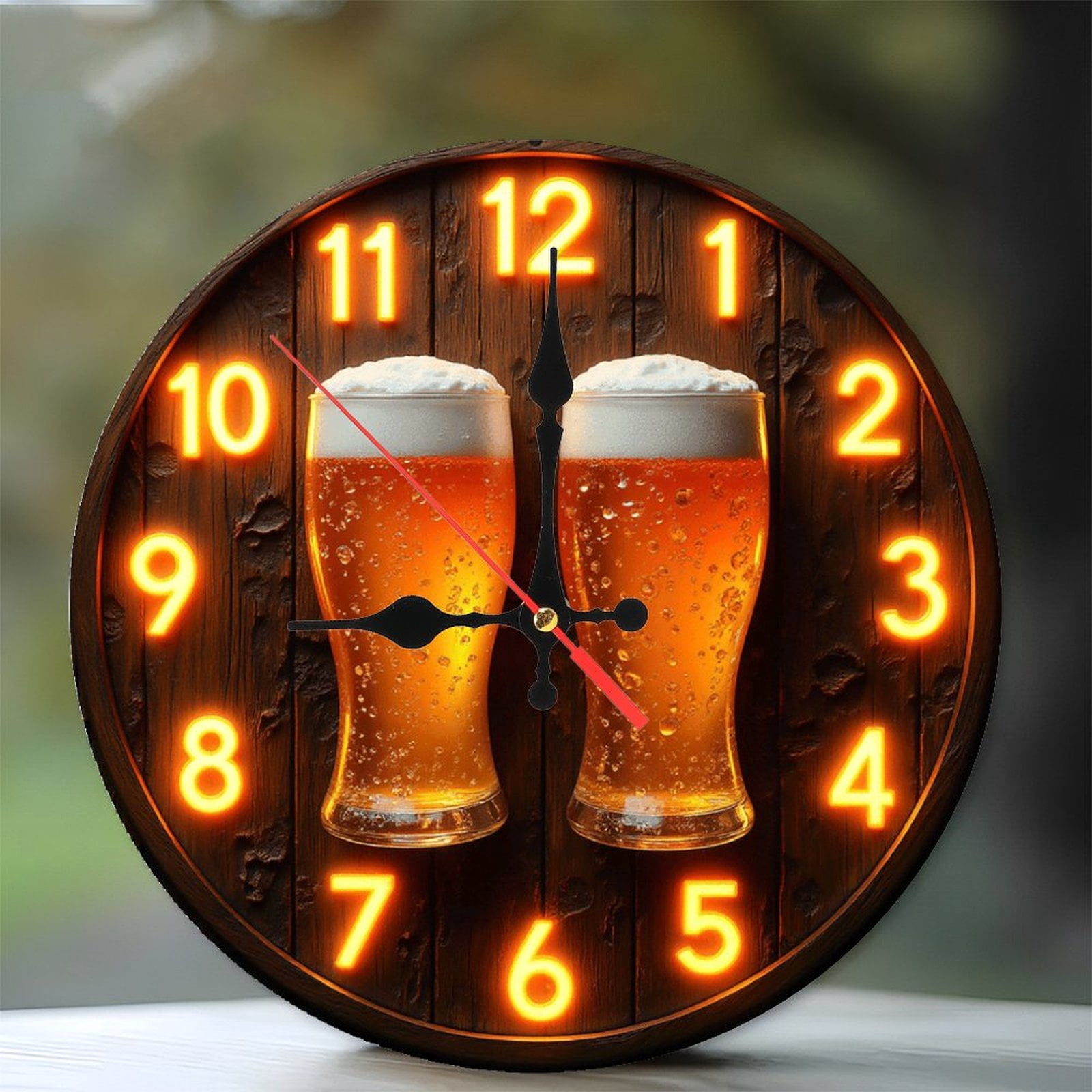 LED Beer Clock with Precision Time Display 10-Inch Silent Wooden Wall ...