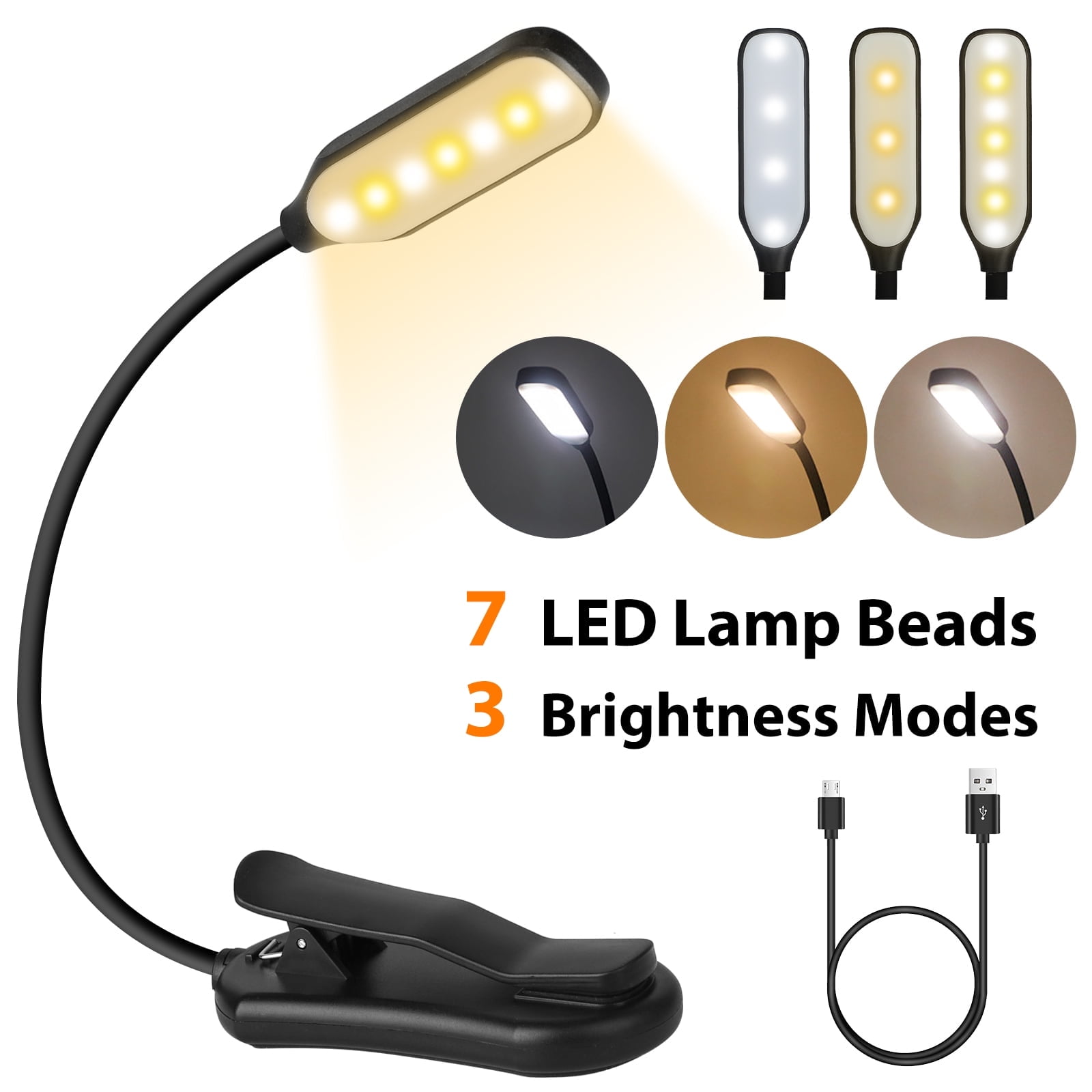 LED Book Light, Rechargeable Clip-on 7 LED Reading Light 3 Brightness Levels Desk Lamp, Flexible ...