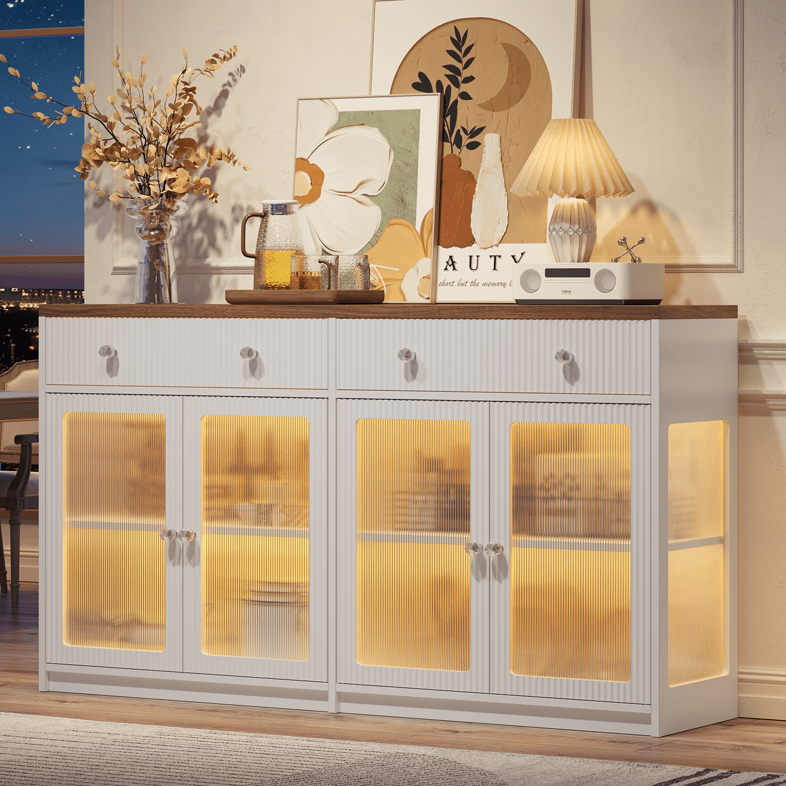 LED Buffet Cabinet with Charging Station, Acrylic Fluted Sideboard ...