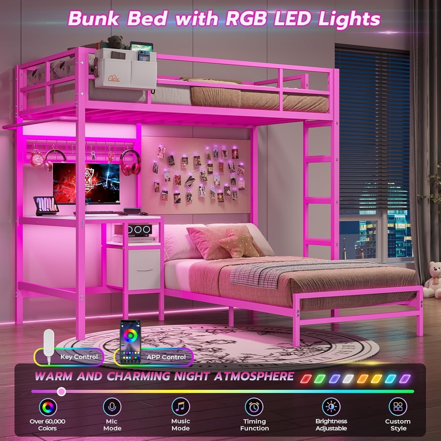 LED Bunk Bed Twin Over Twin Size Metal Loft Bed with Desk & Led Lights ...