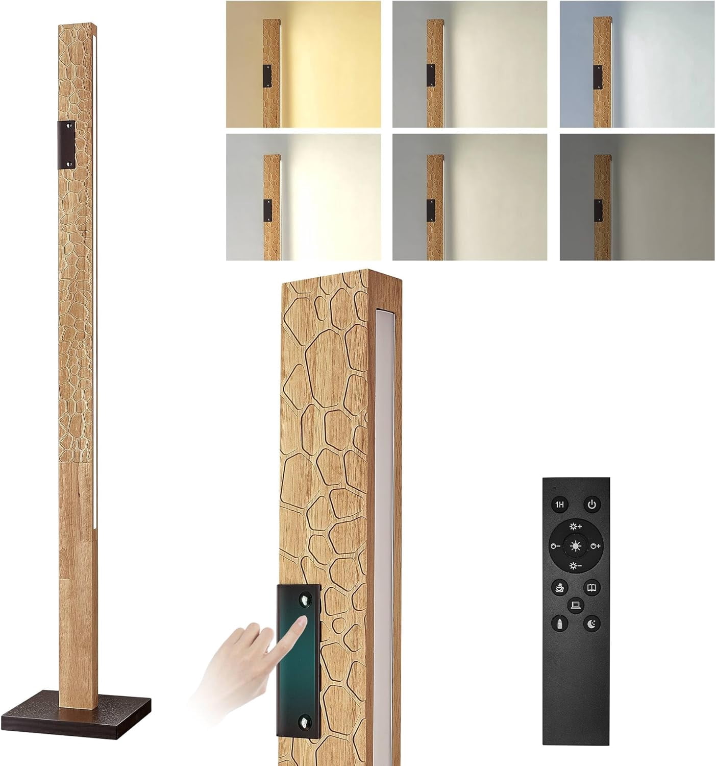 LED Carving Wood Floor Lamp, Modern Dimmable Corner Standing Lamp with ...