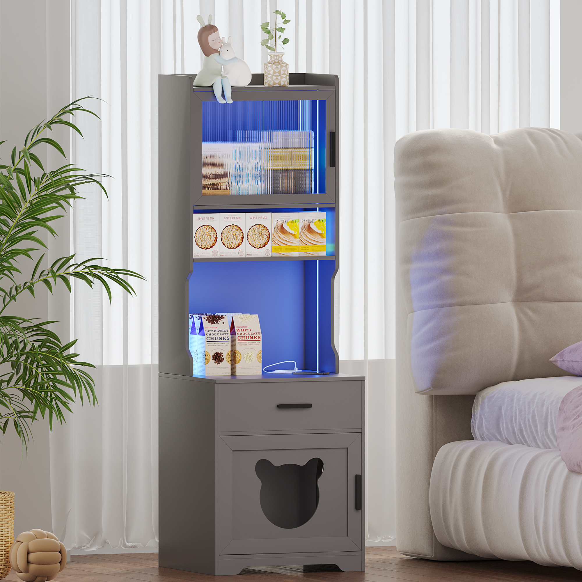 LED Cat Litter Box Enclosure with Charging Station,Large Wooden Cat ...