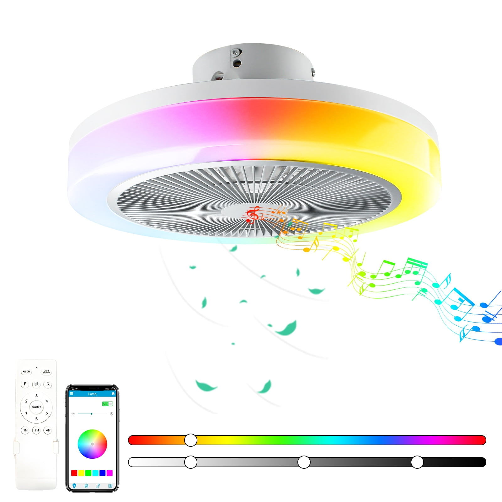 Modern LED Ceiling Light with Fan, RGB, Dimmable, Bluetooth Speaker ...