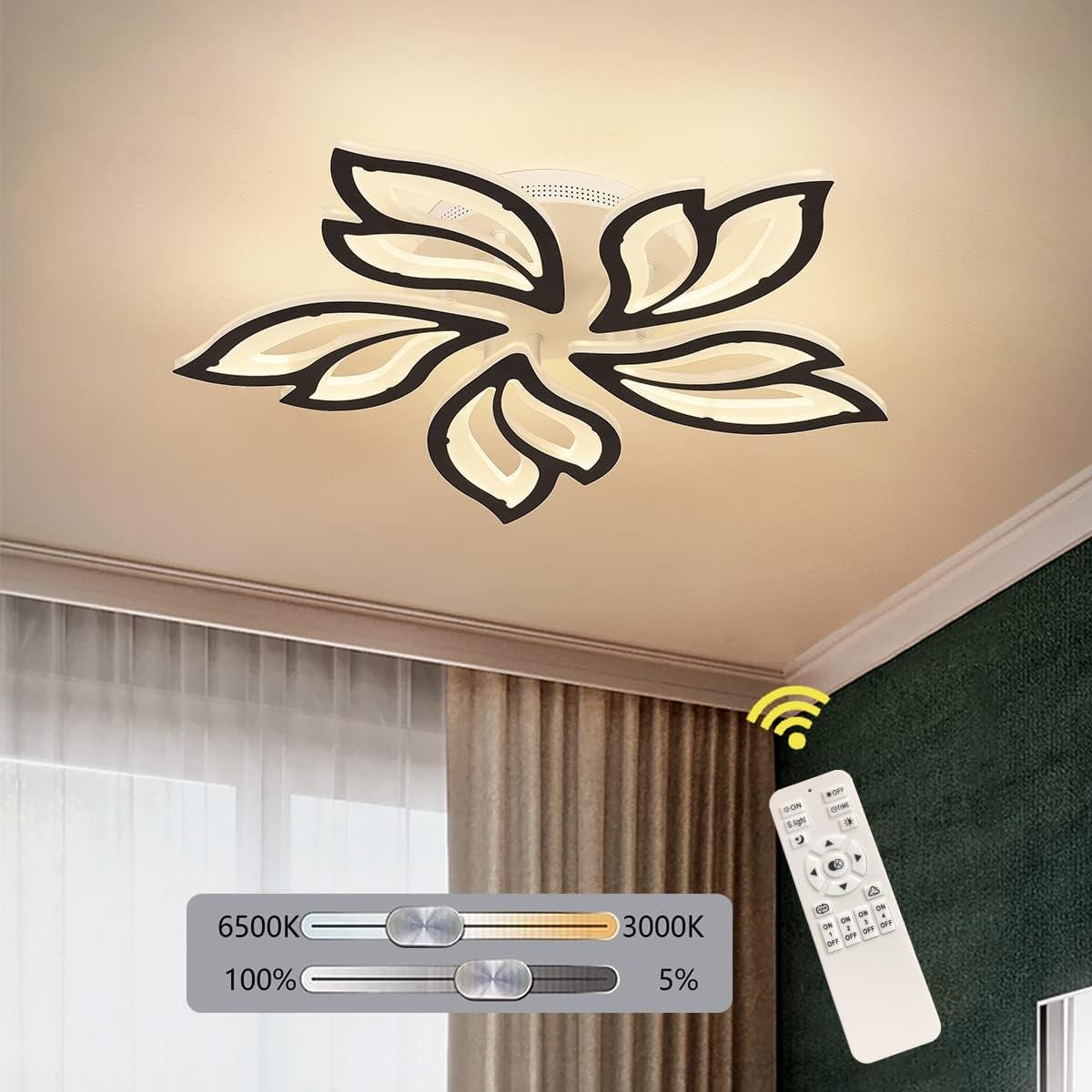 LED Ceiling Light Fixture, 60W Modern Leaves Ceiling Lamp Dimmable Black Flush Mount Ceiling ...