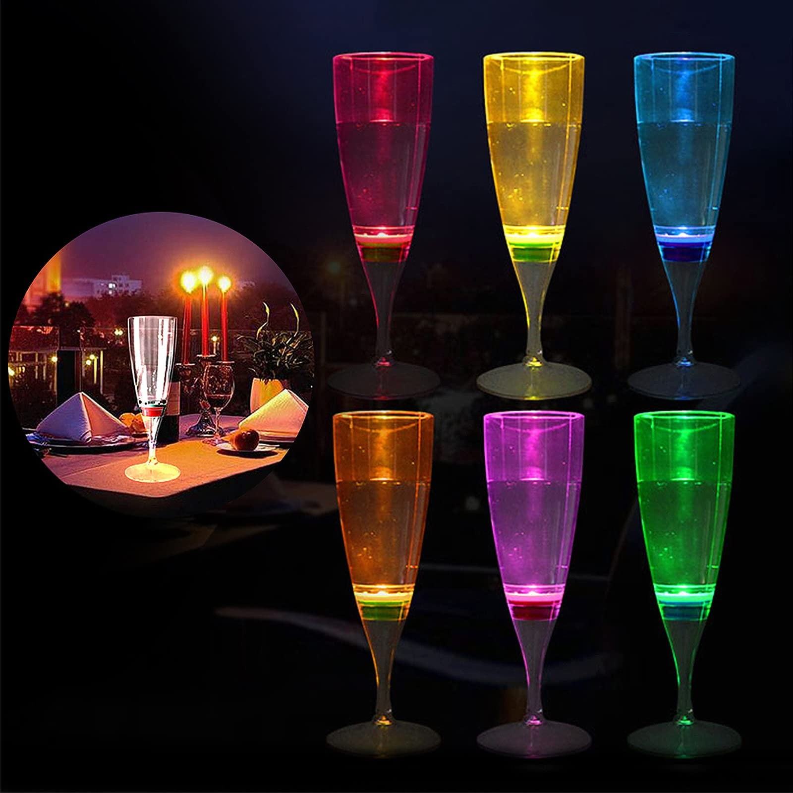 LED Champagne Flutes (Set Of 6 Multi Color) Water Liquid Activated ...