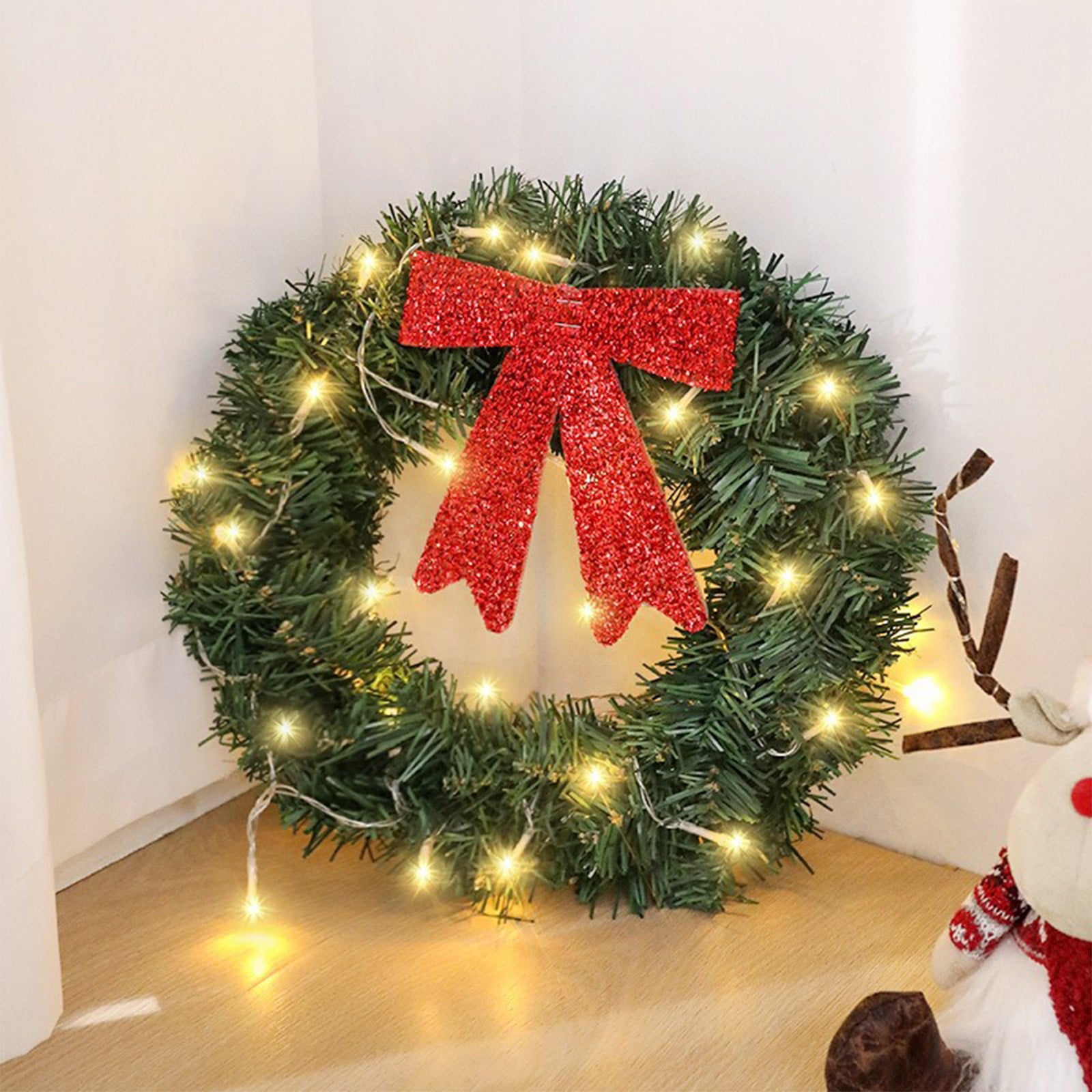 LED Christmas Wreath with Warm White Lights & Red Glitter Bow, Battery ...
