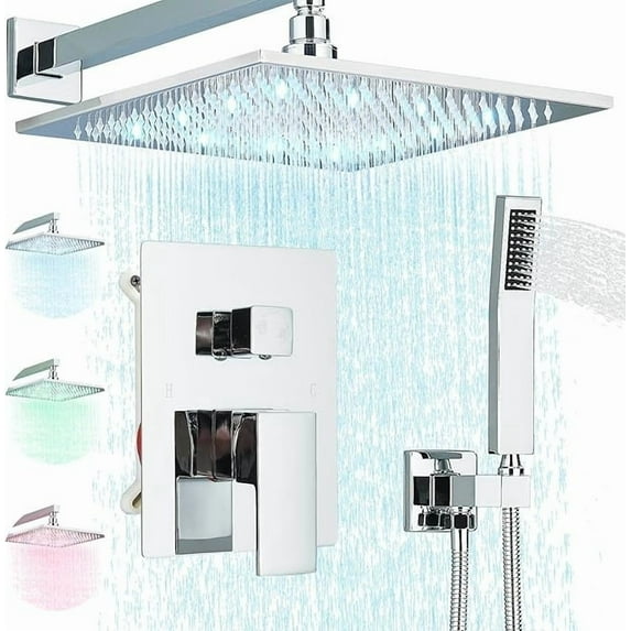 LED Chrome Shower Faucet Set 12"Rainfall Head Combo Kit Wall Mount w ...