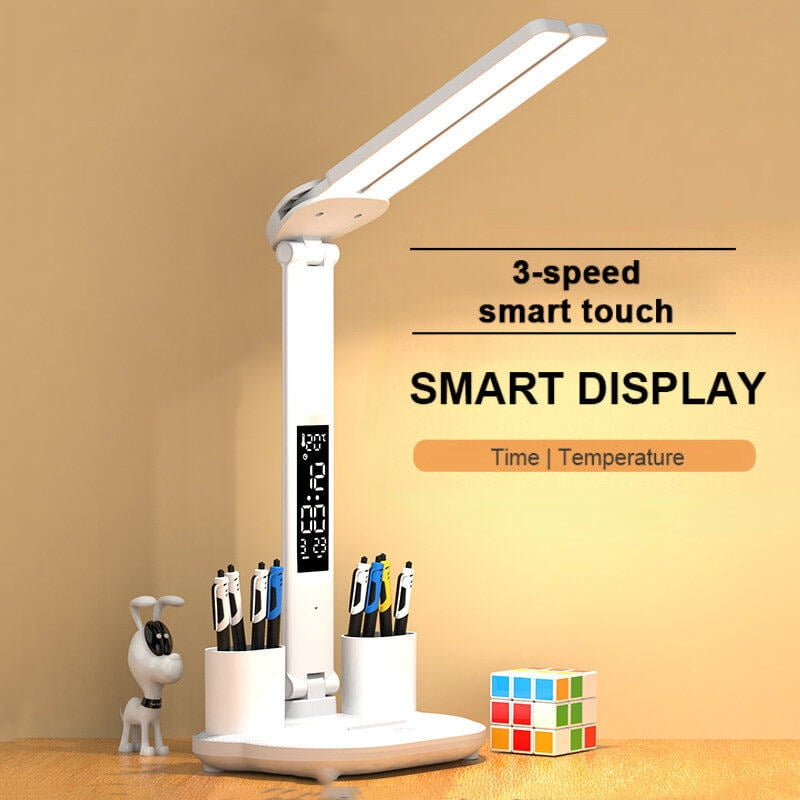LED Clock Table Lamp USB Chargeable Dimmable Desk Lamp 2 Heads 180 ...