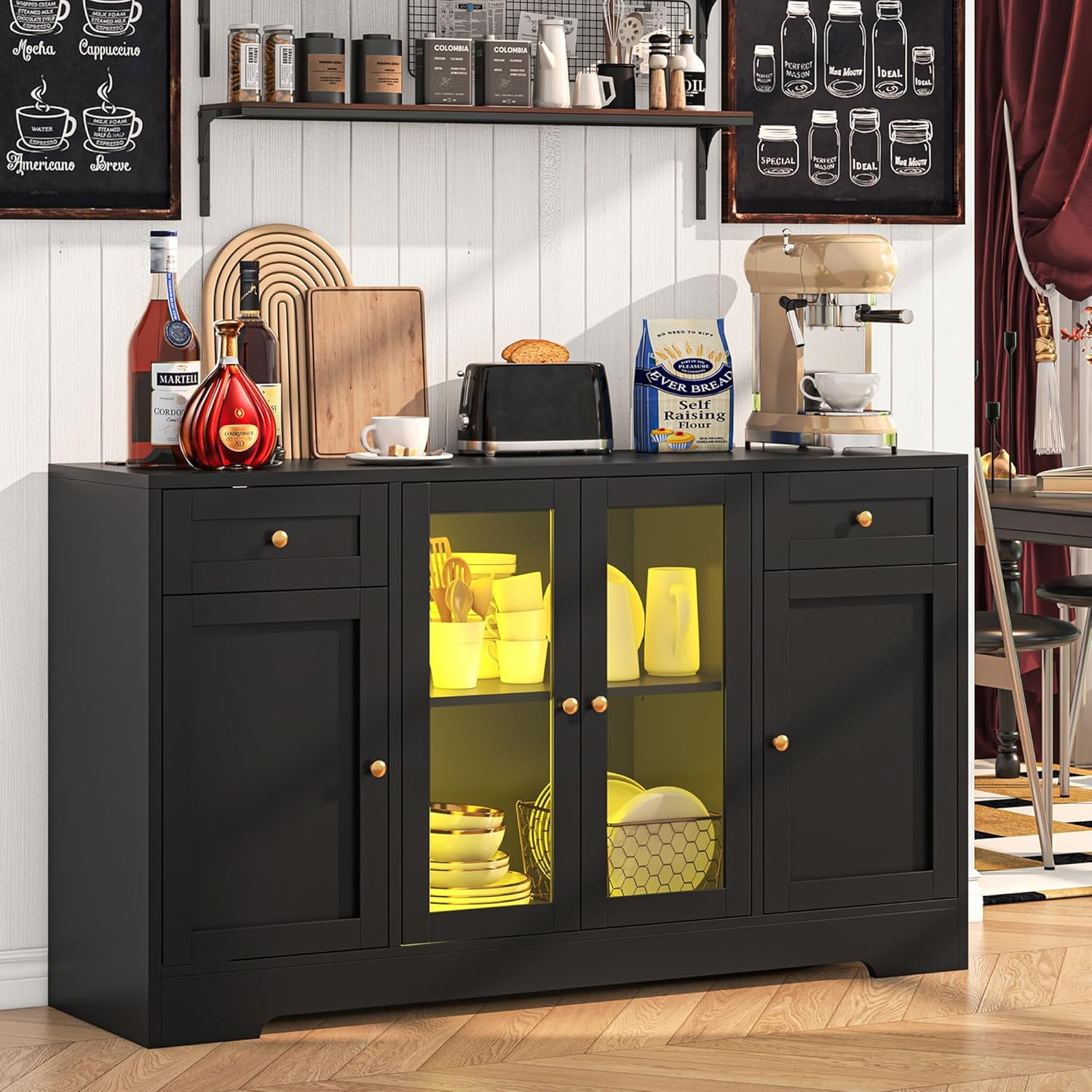 LED Coffee Bar Cabinet with Storage, 55'' Large Sideboard Buffet ...