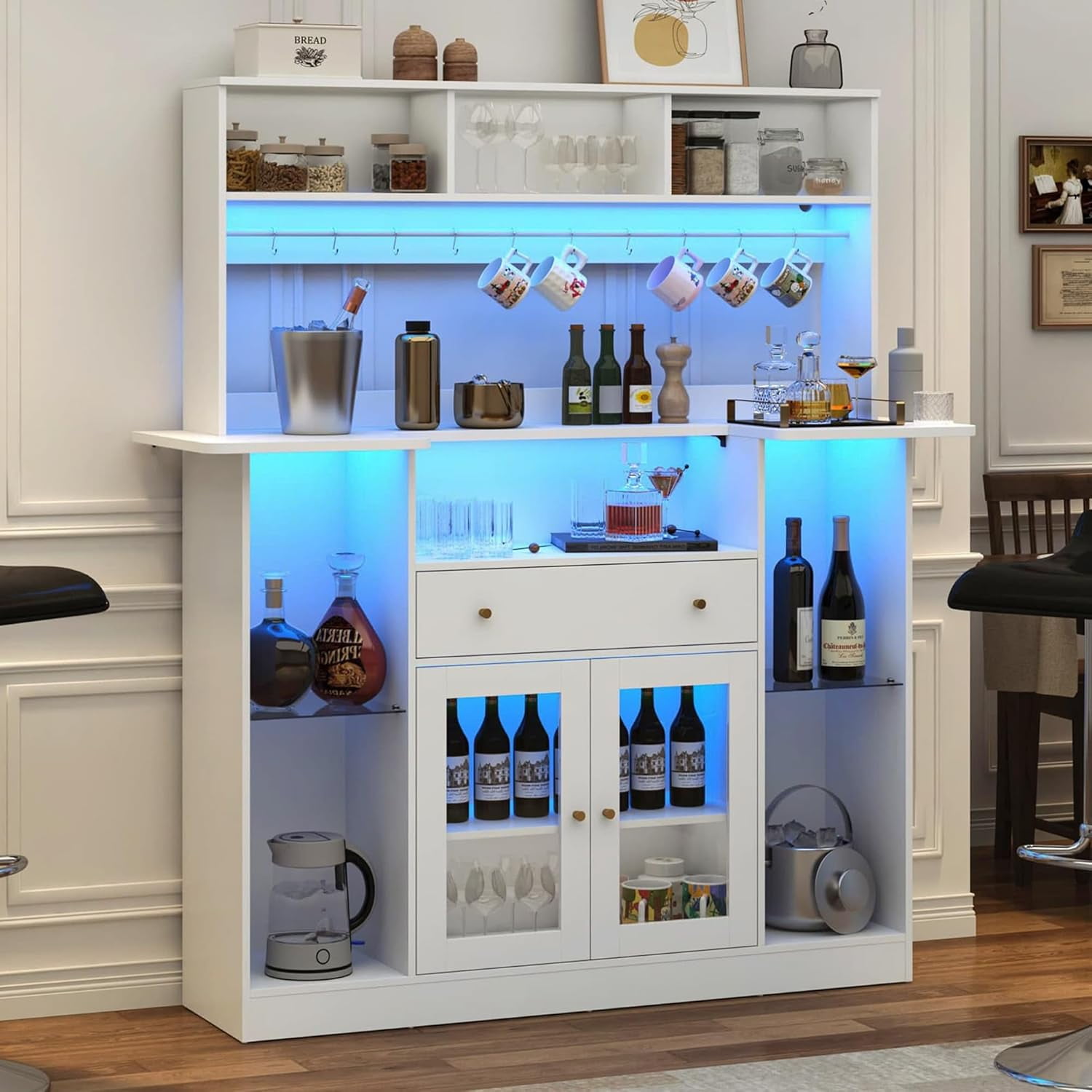 LED Coffee Bar Table Cabinet w/3-Tier Hutch Storage,63" Large Sideboard ...