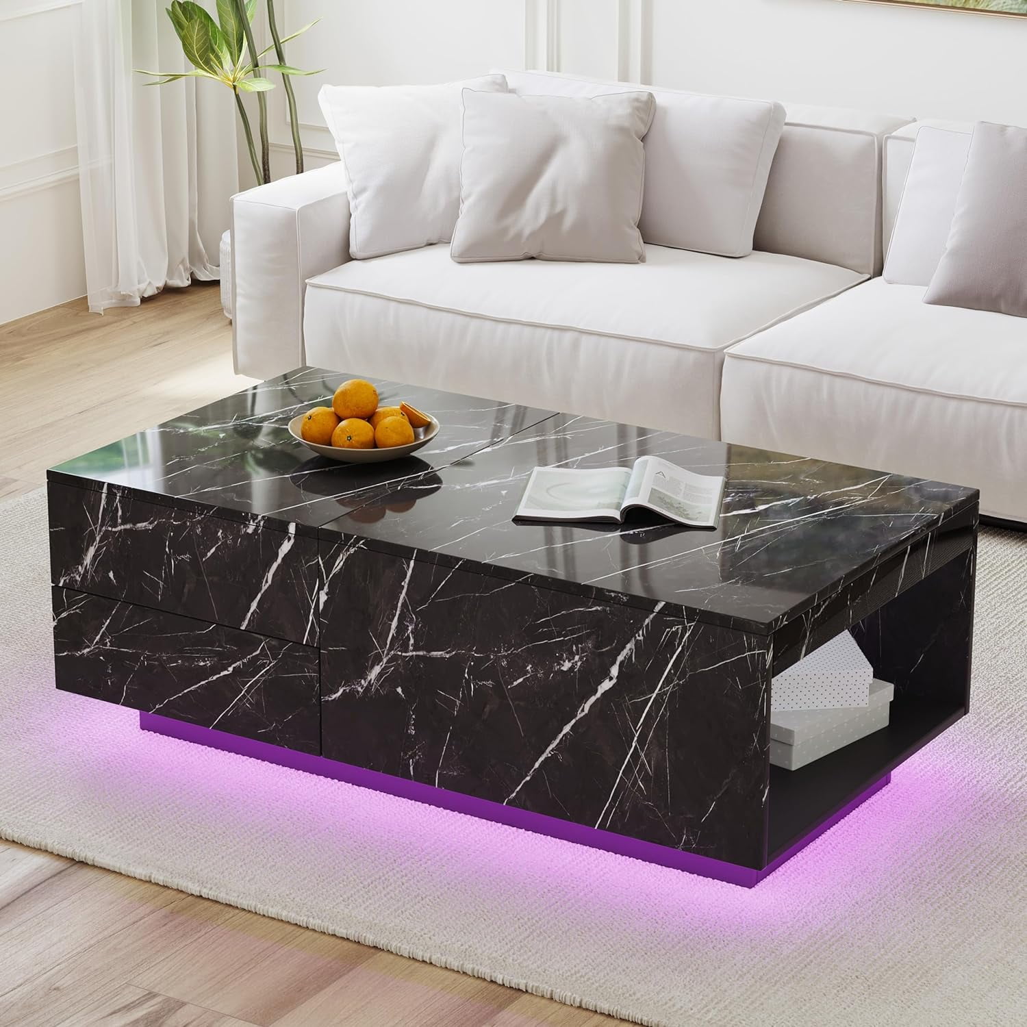 LED Coffee Table, 43" UV High Gloss Modern Center Table with 2 Drawers ...