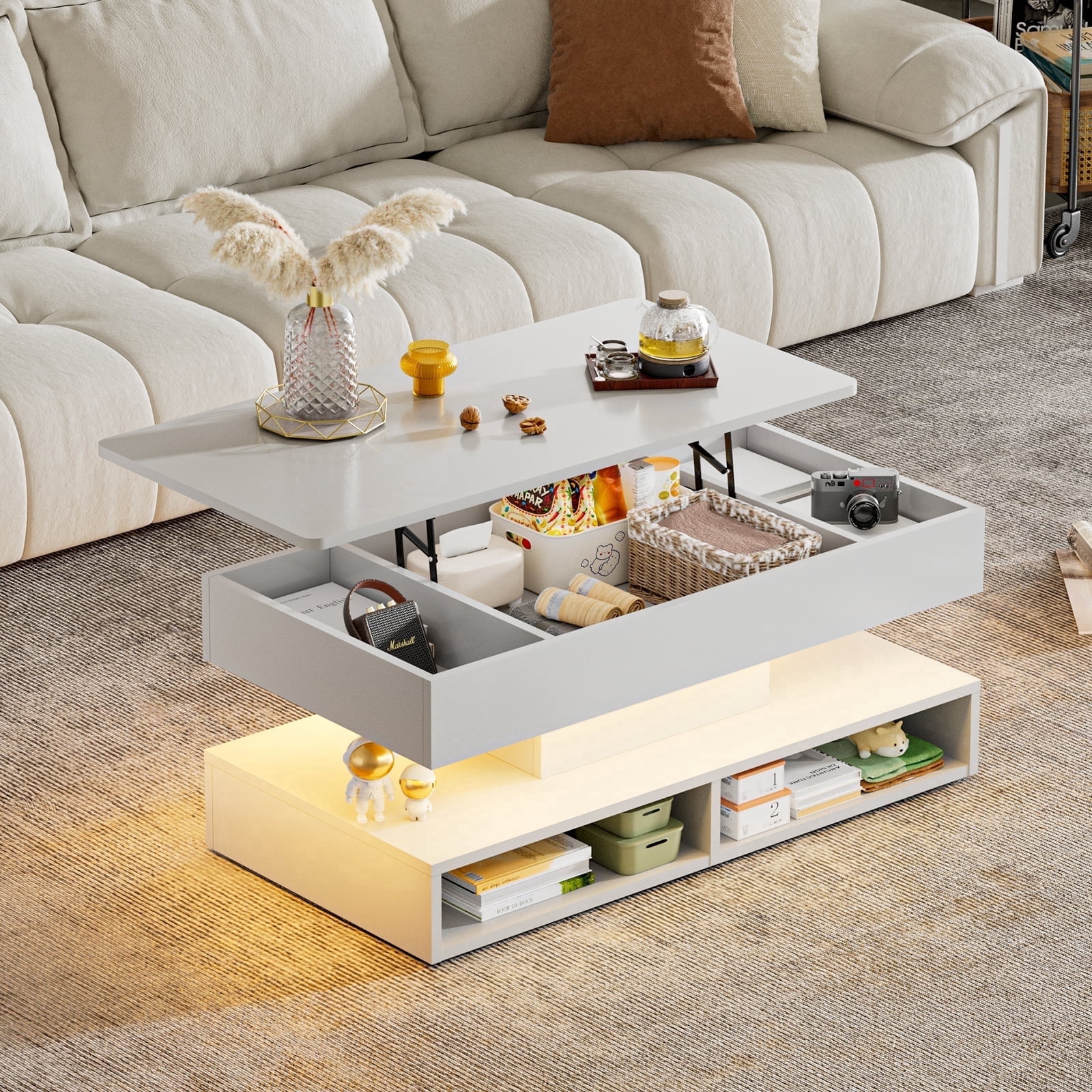 LED Coffee Table, 47.2 Inch Lift Top Coffee Table with 24 Colors Lights ...
