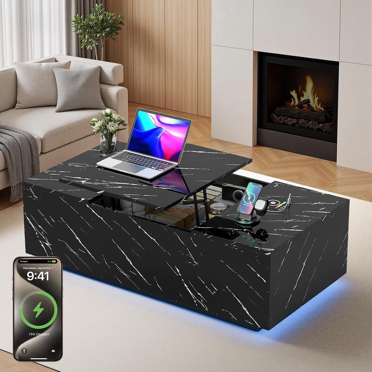 LED Coffee Table, 47.2" Lift Top Coffee Tables with Drawers and Large ...