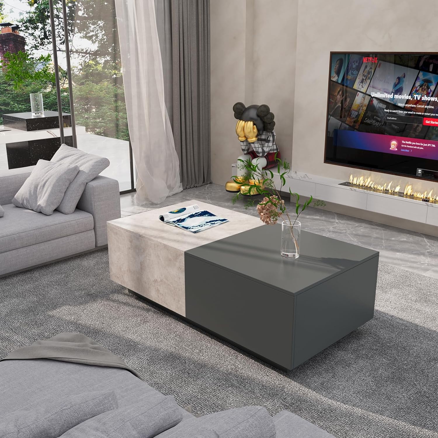 LED Coffee Table, Lift Top Coffee Table with Drawers and Hidden ...