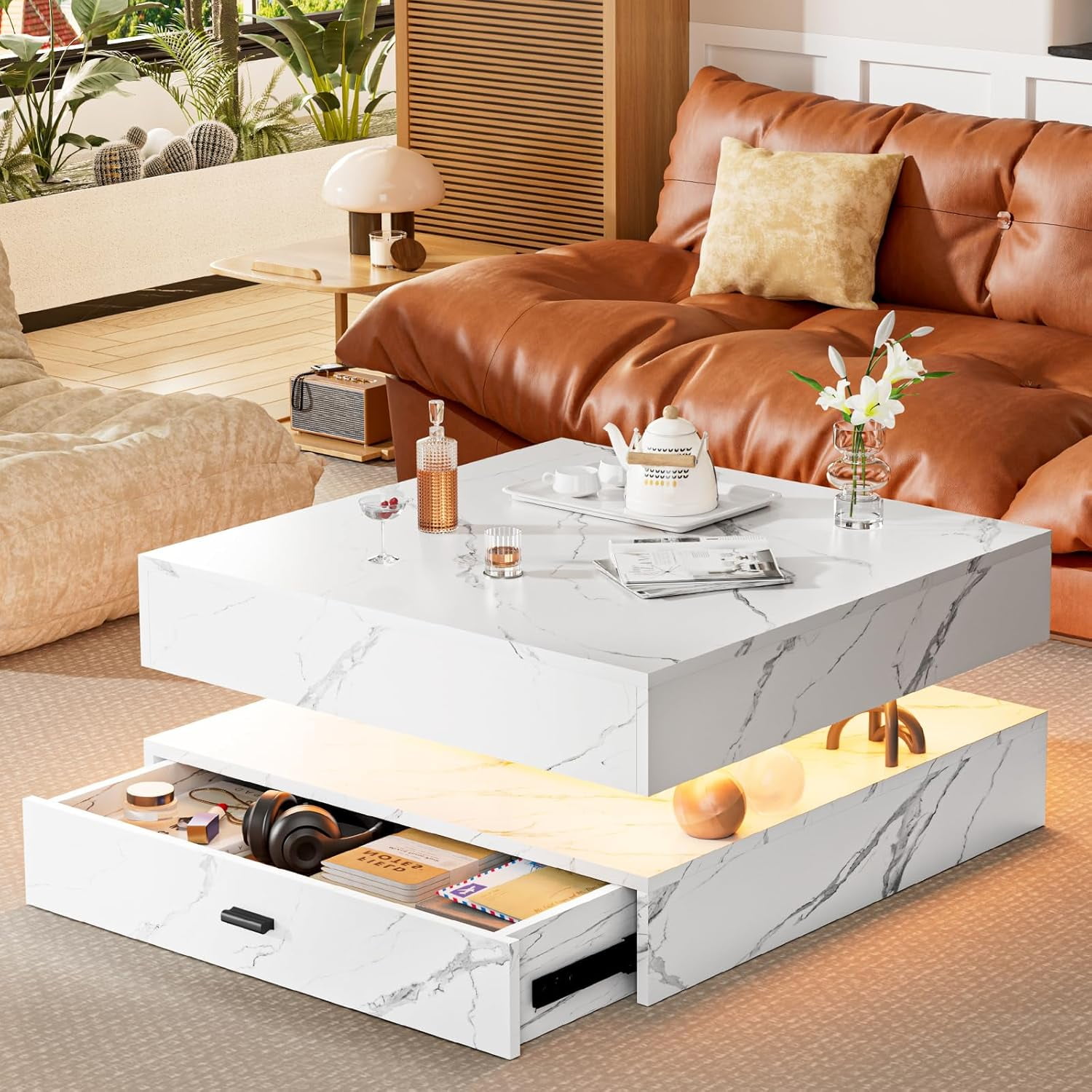 LED Coffee Table for Living Room, 2-Tier Living Room Table Square ...