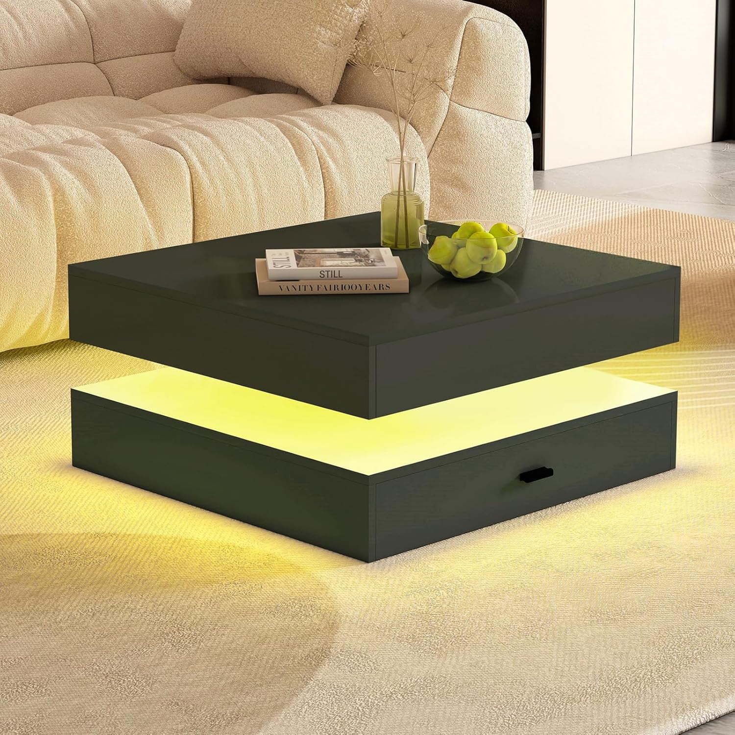 LED Coffee Table for Living Room,2-Tier Modern High Gloss Square Middle ...