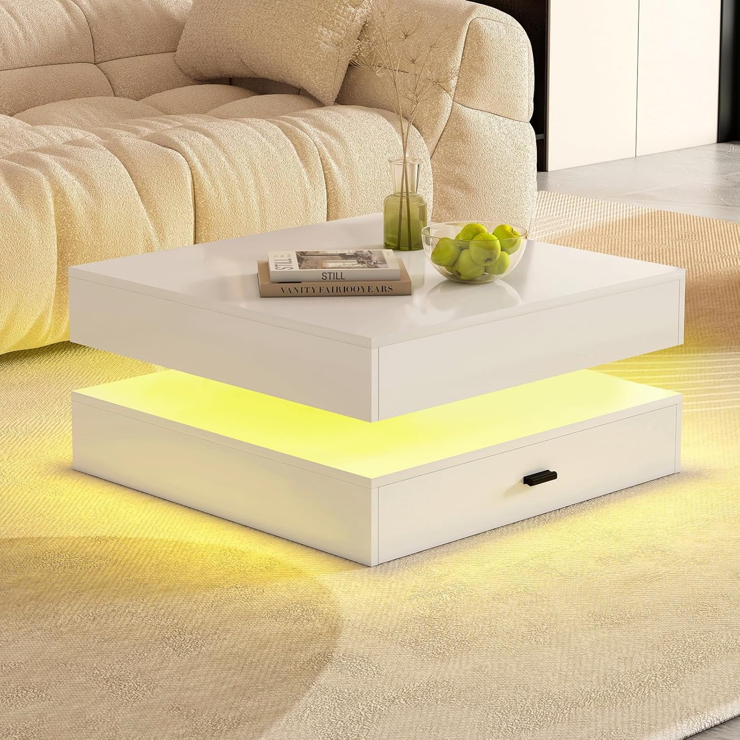 LED Coffee Table for Living Room - 2-Tier Modern High Gloss Square ...