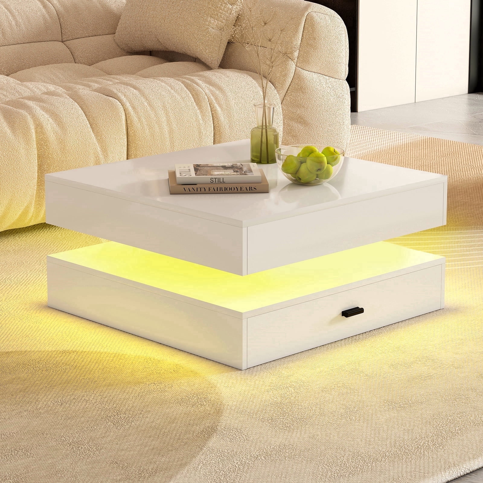 LED Coffee Table for Living Room,2-Tier Square Center Table with ...