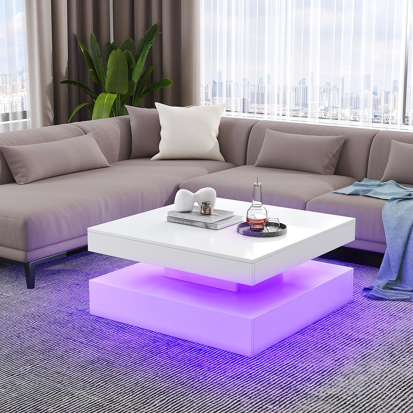 LED Coffee Table for Living Room with Storage - Modern White Center ...