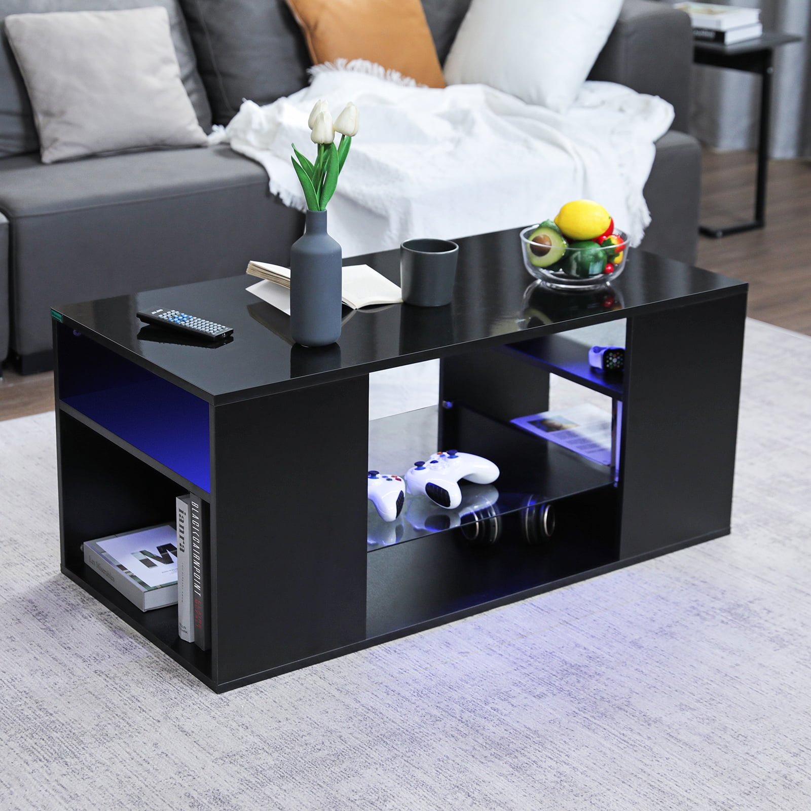 LED Coffee Table Modern High Gloss Coffee Cocktail Table Open Storage ...